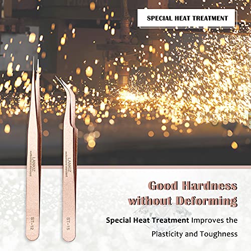 LANKIZ Eyelash Extension Tweezers Stainless Steel Straight and Curved Volume Lash Tweezers Set for Eyelash Extension Professional-Rose Gold