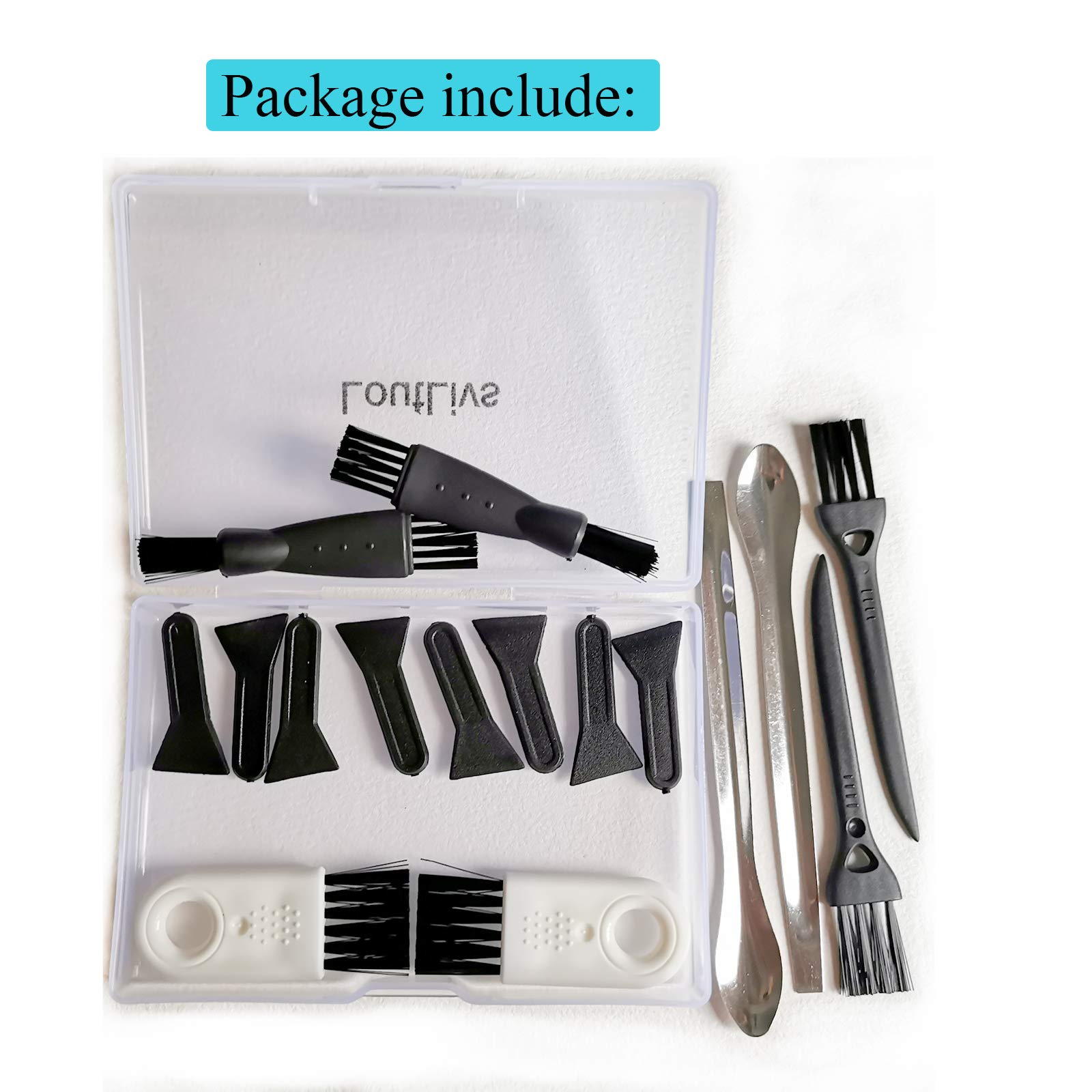 WAXKRI Black Scrapers Brushes and Spoons Kit for Herb Grinder 8 Pcs Scrapers 6 Pcs 3 Types of Brushes 2 Pcs Spoons and A Storage Box
