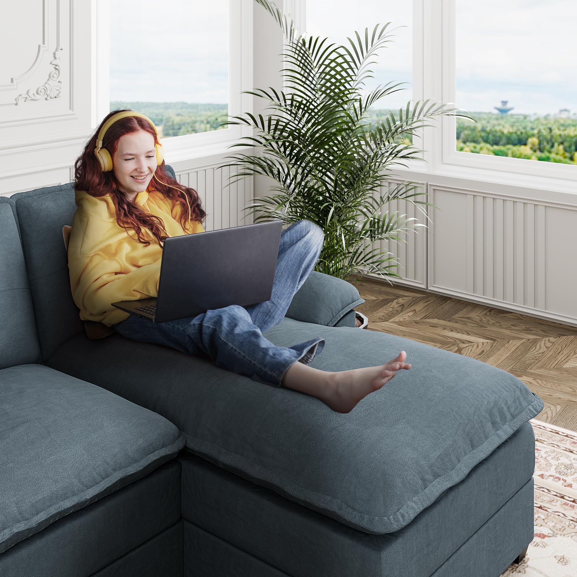Shintenchi 110" Modular Sectional Couches for Living Room, U-Shaped Sofa Couch with Double Chaise, 4 Seat Sofa Sets with Thick Cushion & Soft Backrest, Dark Grey