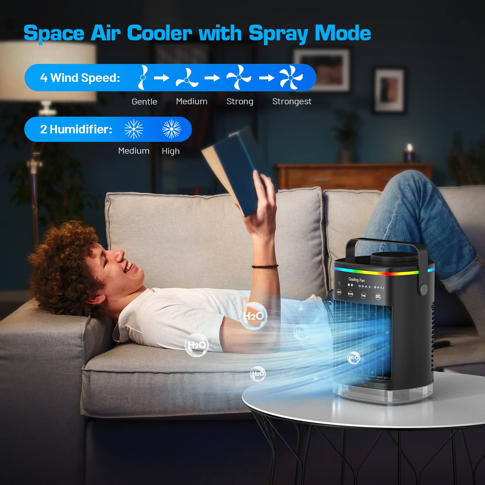Portable Air Conditioners, Personal Cooling Fan Air Conditioner Portable with 4 Wind Speed & 2 Mist Level & 2-8H Timer & 7 LED Light Mini Evaporative Air Cooler for Home Office Room, Black