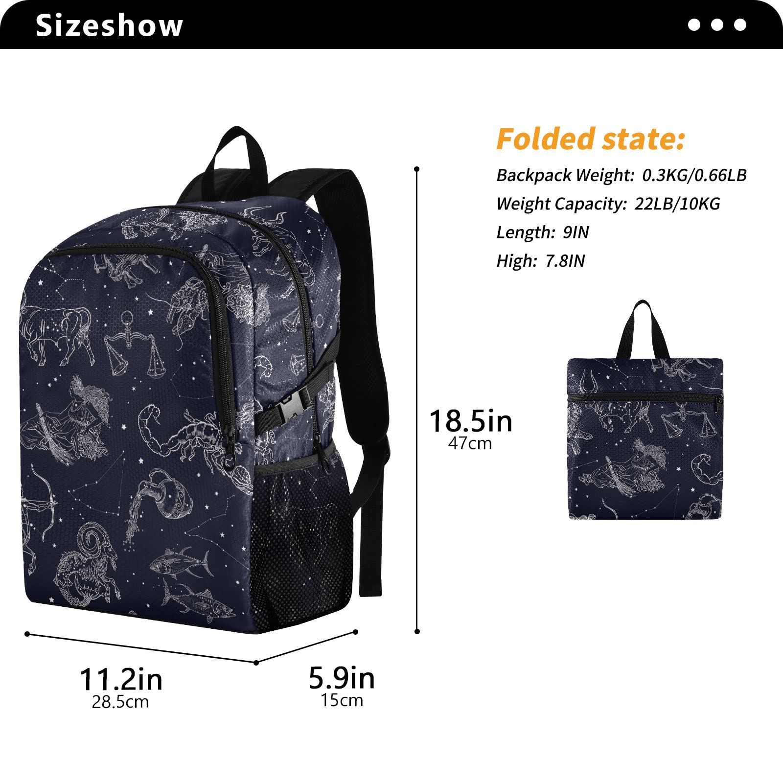 JHKKU Constellations Zodiac Signs Lightweight Packable Backpack 20L Small Water Resistant Travel Hiking Daypack Outdoor Travel Camping