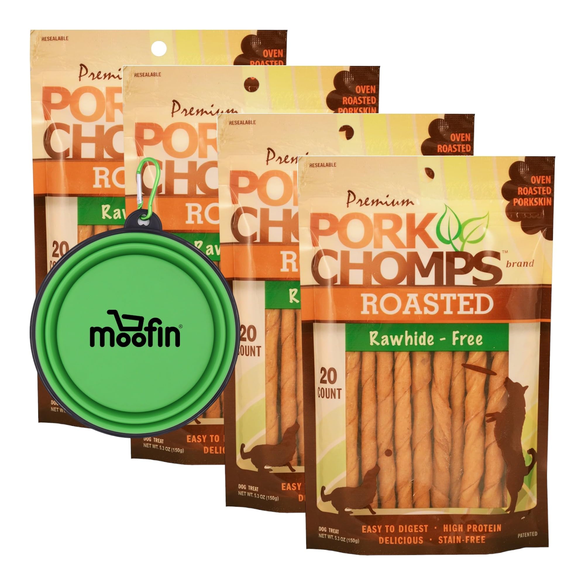 Pork Chomps Dog Chews, Roasted Skin Dog Chews Bundled with Silicon Pet Bowl - 5-Inch Mini Dog Treat Sticks, Healthy Natural, Promotes Dental Health, Long-Lasting [Pack of 4]