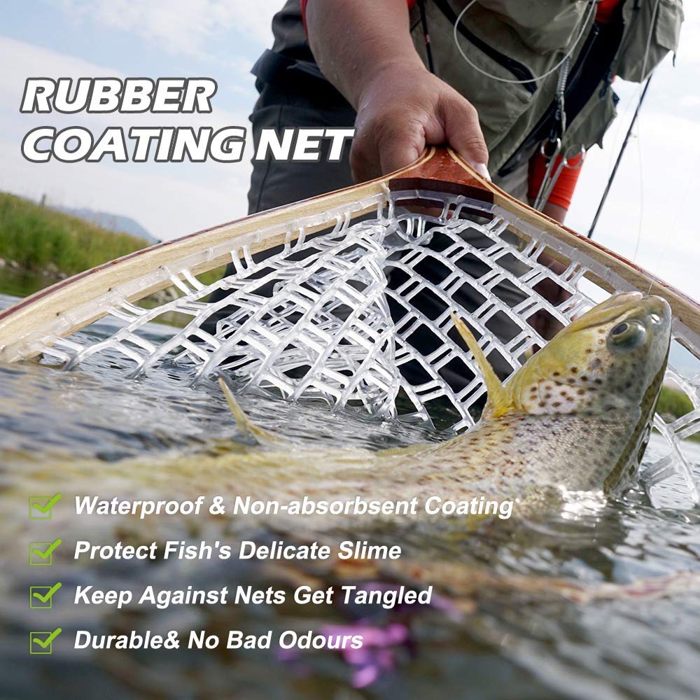 Goture Fly Fishing Landing Trout Net Catch and Release Net - Wooden Frame with Soft Rubber Mesh