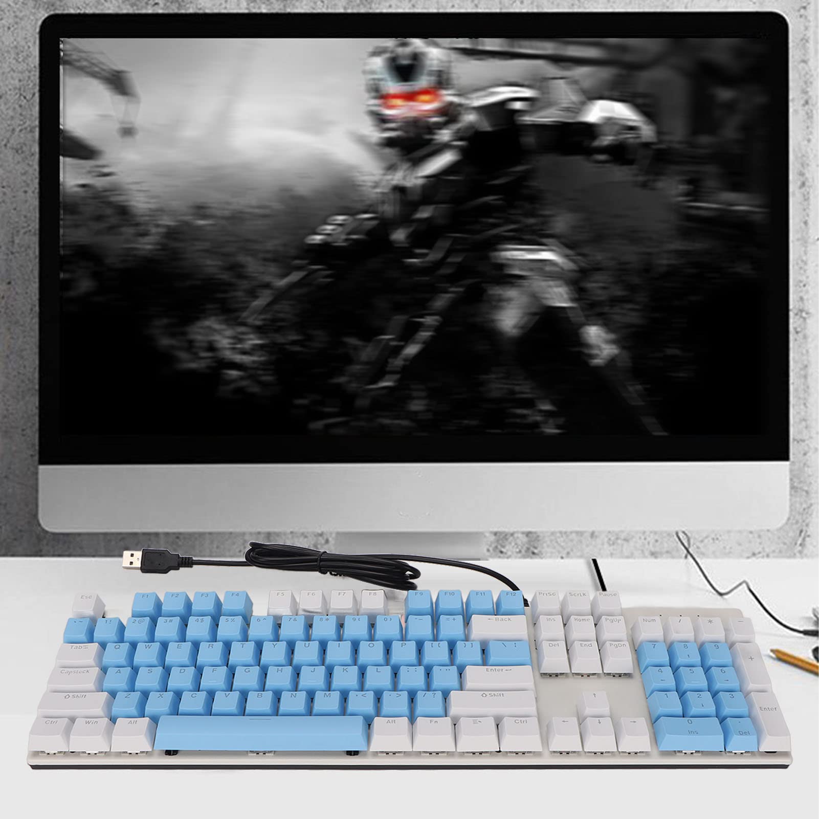 Pomya 104 Keys Gaming Mechanical Keyboard, Blue Switch RGB Scratch Resistant Gaming Keyboard for Win, Wearproof Mechanical Keyboard for PC, Notebook(White Blue)