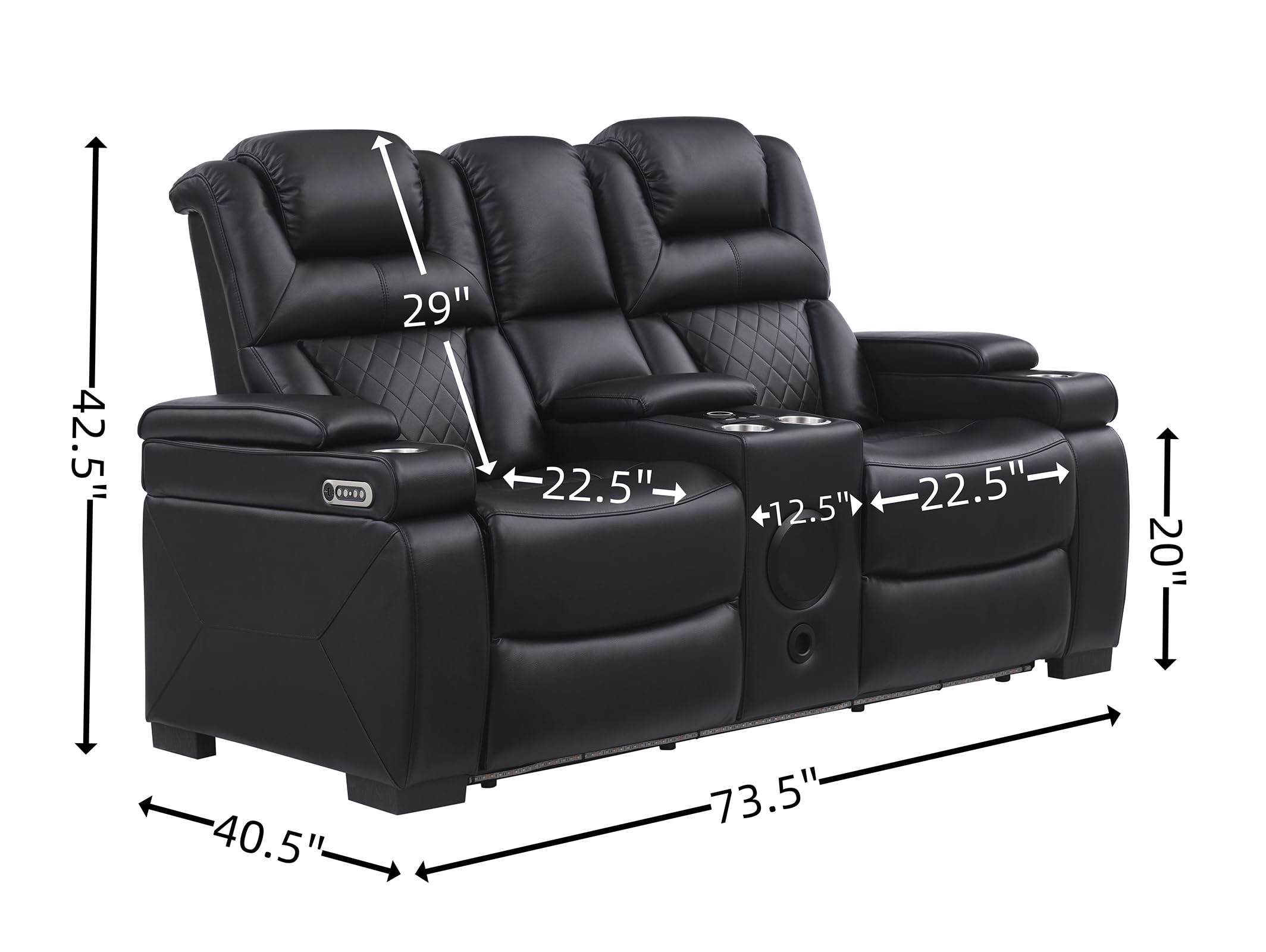 THSUPER Power Breathable Leather Reclining Sofa Set with LED Light, Home Theater Seating Recliner Couch with Adjustable Headrest/Reading Light/USB Port/Wireless Charing/Bluetooth Speaker, Black