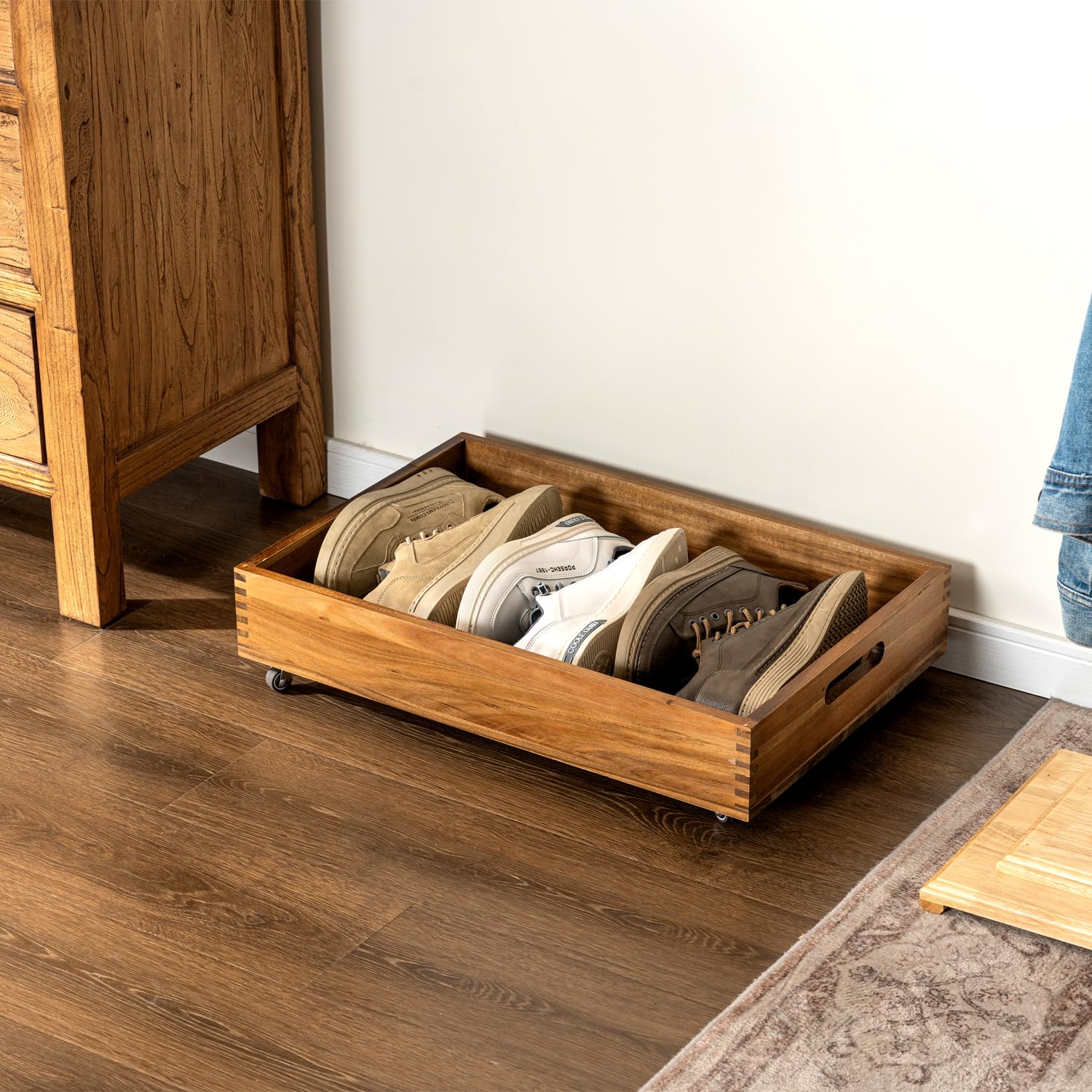 MyGift 24 Inch Premium Acacia Solid Wood Under Bed Storage Cart with Rotating Wheels, Wooden Box Joint Corner Rolling Underbed Bin Tray Space Saving Bedroom Organizer