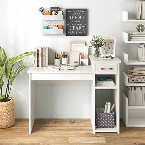 STAKOL White Desk with Drawers, Compact Study Writing Table, PC Laptop Workstation with CPU Stand & Shelves, Computer Desk for Small Space Home Office (White)
