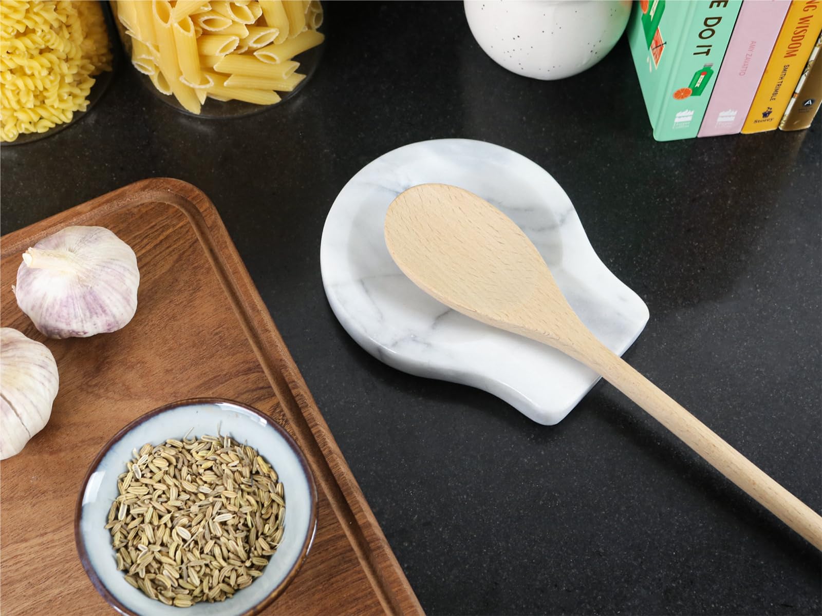 Marble Spoon Rest for Kitchen Counter, Cooking Utensil Holder for Stove Top, Spatula, Tongs Holder with Non-Slip Silicone Feet