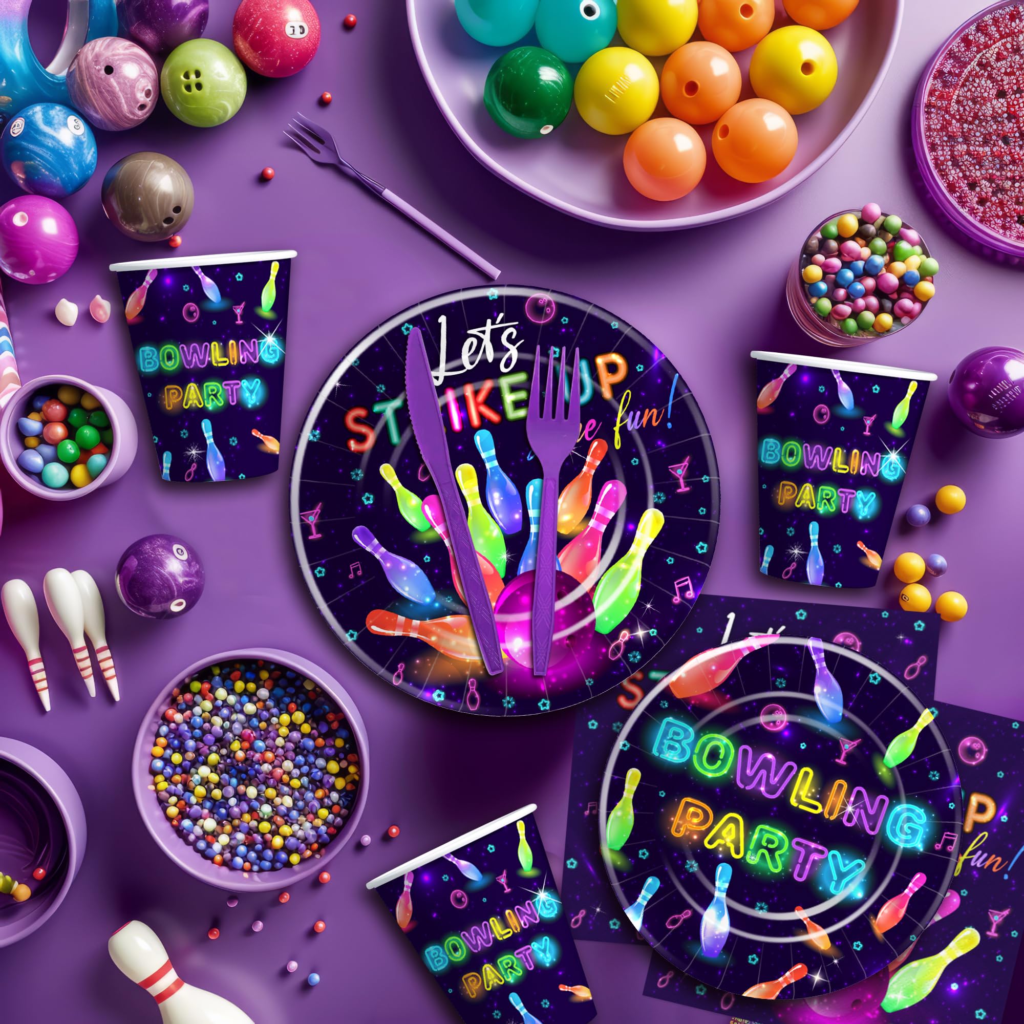 YJRJSC Bowling Birthday Party Supplies - Bowling Party Decorations Tableware, Paper Plate, Cup, Napkin, Fork, Strike Up Some Fun Bowling Ball Birthday Baby Shower Decorations Dinnerware | Serve 24