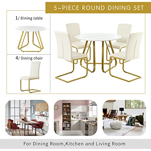 GLORHOME 4 5-Piece Round Set | Faux Marble Table | Four Chairs with Metal Legs | Versatile for Dining, Kitchen, and Living Room | White, White2