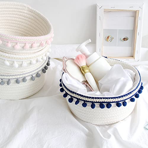 PHEZEN Cotton Rope Basket Bins, Small Woven Storage Baskets for Toy Storage Snacks Clothes Cosmetic Fruits Books Sundries Soft Storage Bins, Boho Woven Storage Baskets Decor Pink (20.5cm x 9.5cm)