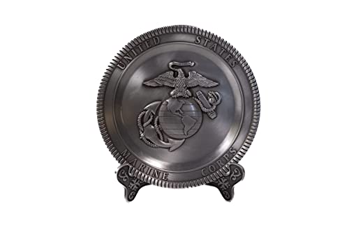 United States Marines Corps (USMC) Licensed Collectable Pewter Plate with Brushed Nickel finish with USMC logo imprinted Decorative with Display Stand Decoration Household Plates| 5.5 x 5.5 x 0.25"