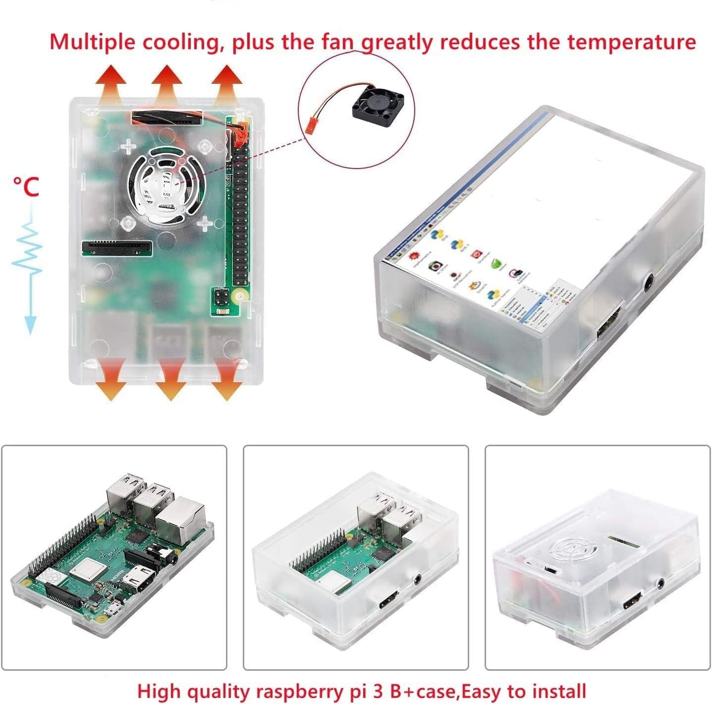 RasTech Pi 3 Model B Starter Kit with 32GB Card HD Cable Network Cable 5V 3A Power Supply with ON/Off Case Cooling Fan, 3 Heatsinks Card Reader Screwdriver