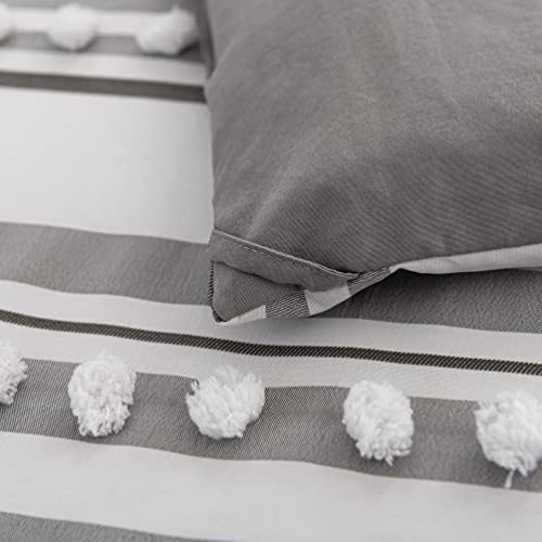 SLEEPBELLA Boho California King Comforter Set, Grey and White Tufted Ball Pom Striped Design, Extra Fluffy Bed Comforter 3pcs (1 Comforter with 2 Pillowcases)