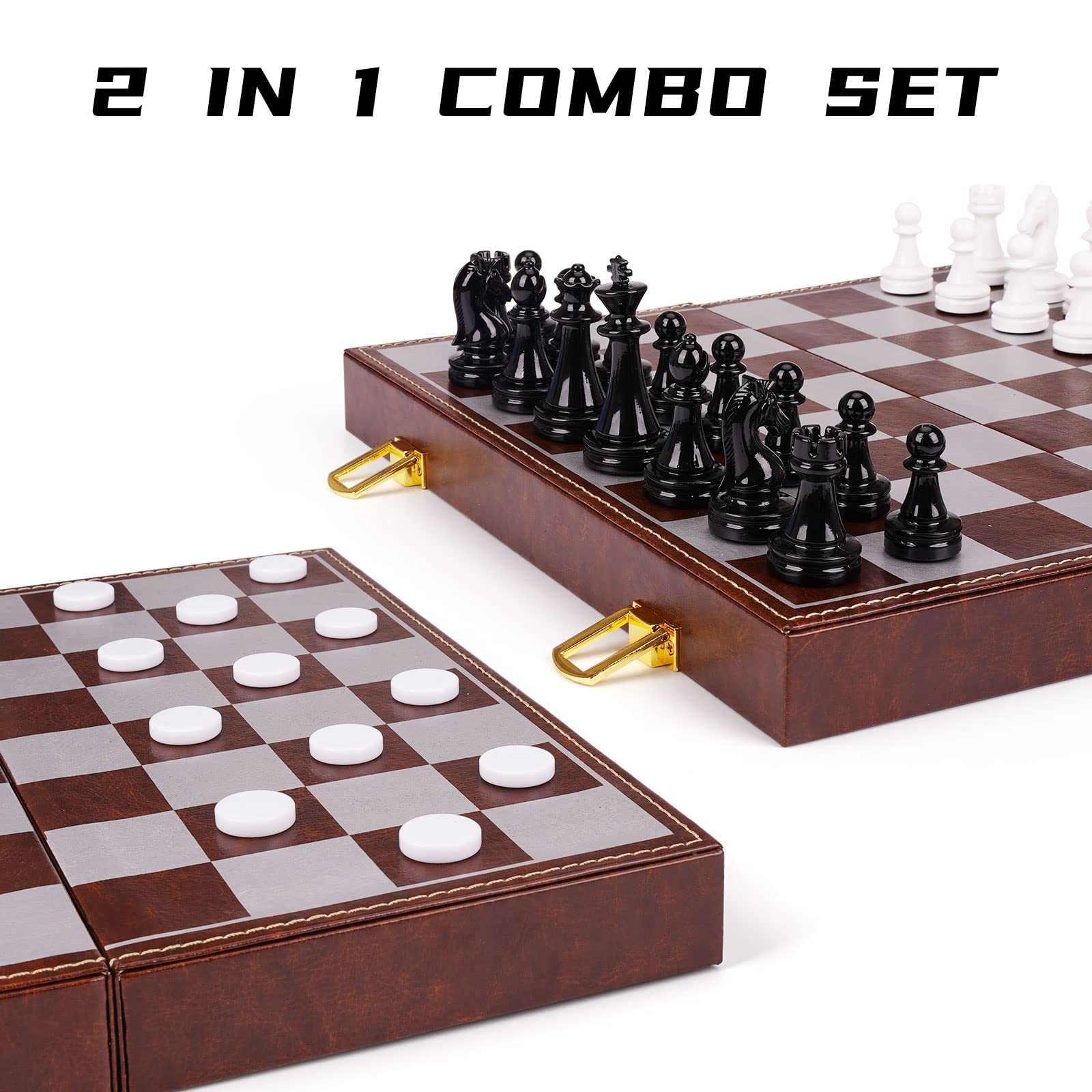 Magnetic Chess Set Checkers Game Set for Adults Kids (2 in 1) -12" Magnetic Chess Pieces & Portable Folding Leather Chess Board Travel Chess Sets Board Game – 24 Cherkers Pieces with Storage Box
