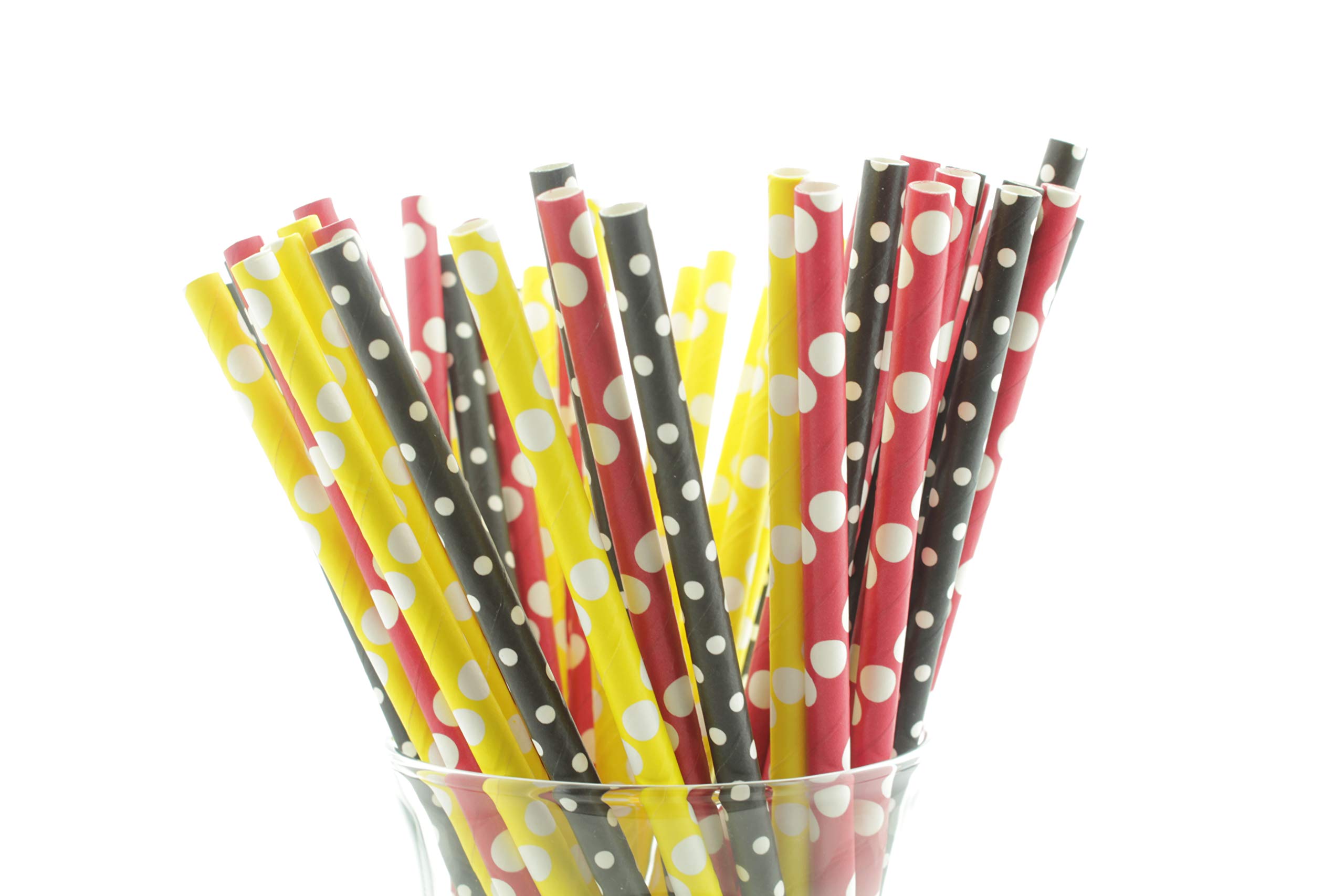 Mickey Mouse Inspired Straws (25 Pack) - Red, Yellow, and Black Polka Dot Straws