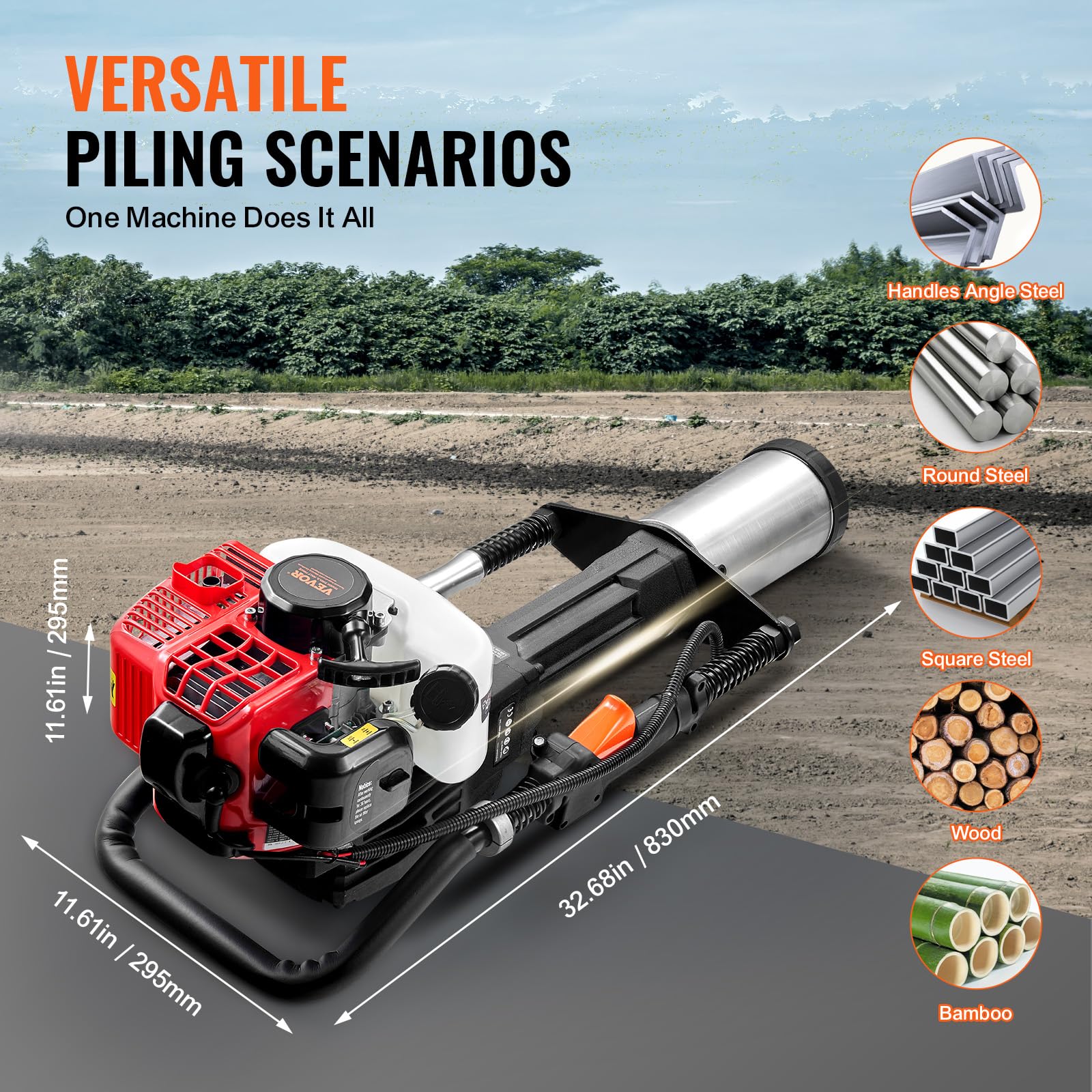 VEVOR 52cc Gas-Powered T Post Driver, 2-Stroke Engine Gasoline Fence Piling Pounder, 1300W Portable Piledriver with 3 Post Driving Head(49/69/100 mm), For Farm, Ranch Fencing, Road Improvements