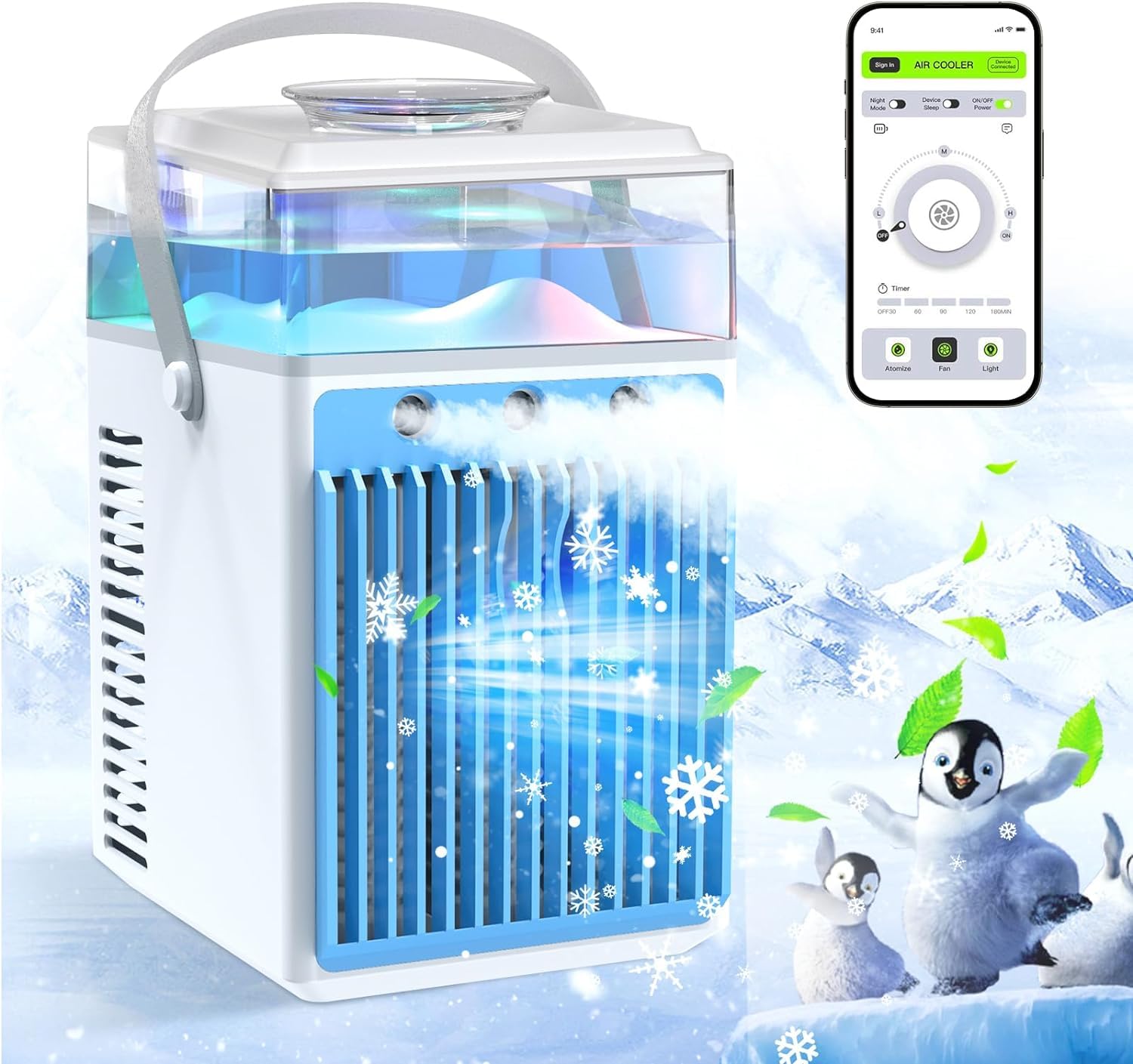 Portable Air Conditioners,4 in 1 Rechargeable Evaporative Personal Air Cooler APP Remote Control Humidifier with 6 Ice Boxes, 3 Speeds Mini AC with LED, Air Conditioner Desktop Cooling Fan for Bedroom