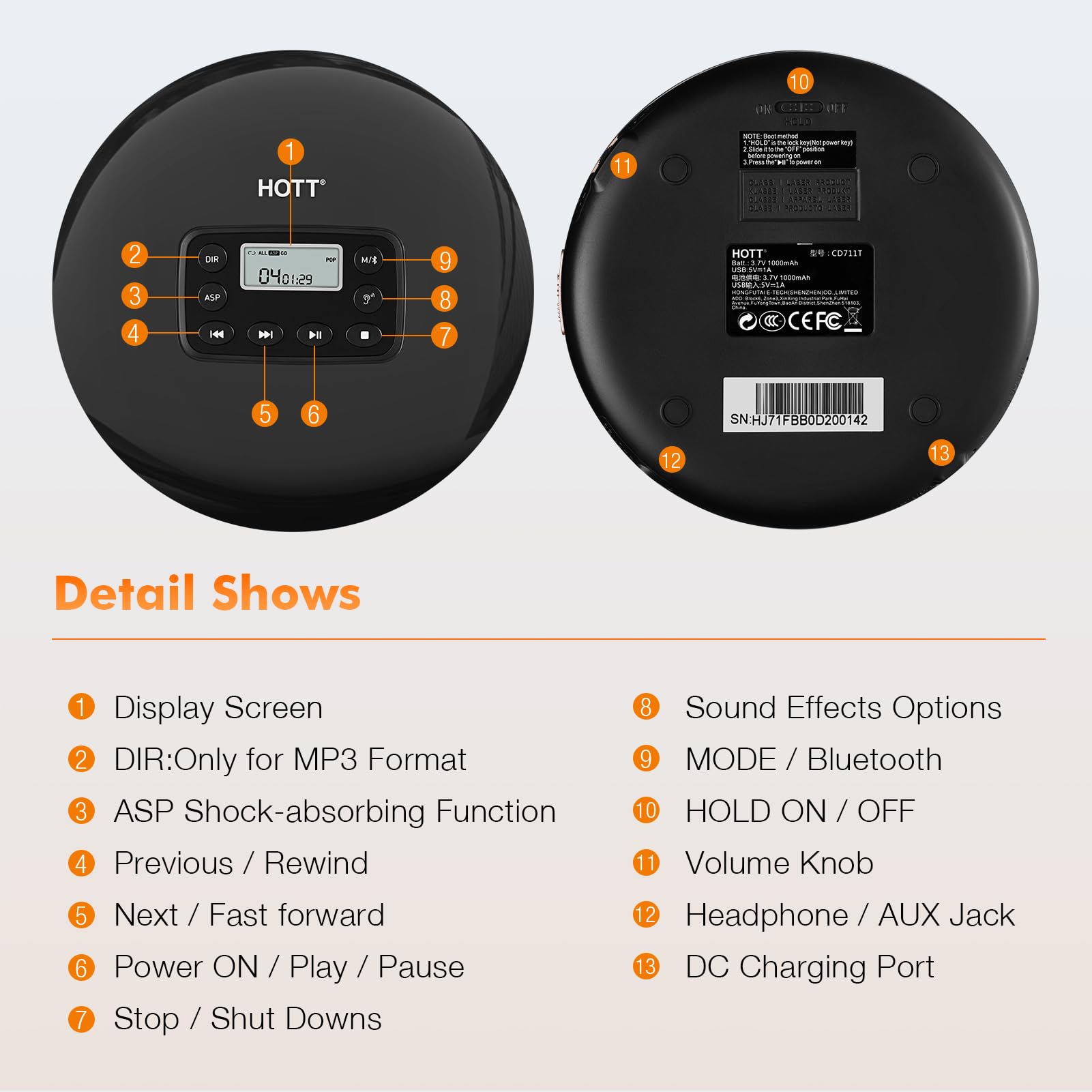 HOTT CD Player Portable with Bluetooth, Portable CD Player, CD-R,MP3 USB Rechargeable Walkman CD Player with Headphones and AUX Cable for Car Travel, Discman CD Player with Shockproof (CD711T)