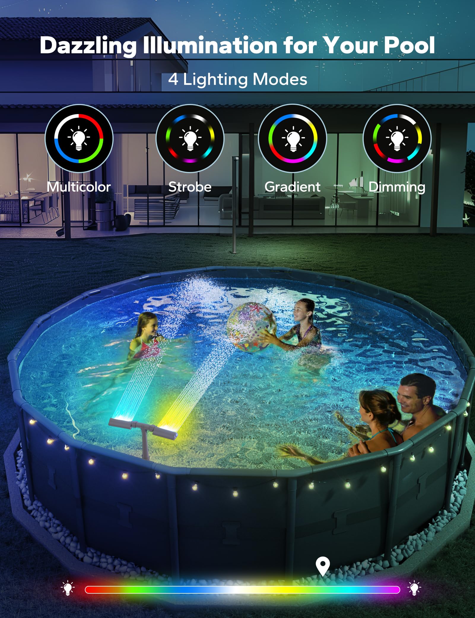 POOLHACKER Pool Fountain with 7-Color LED Lights, Above/Inground Pool Fountain Lights with Remote Control, Adjustable Pool Sprinkler Fountain with Dual Spray Heads, Above Ground Pool Cooling System