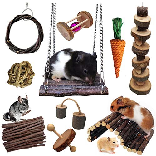 Syhemtya Chinchilla Toys Hamster Chew Toys Guinea Pig Toys Rat Toys Hamster Cage Accessories Small Animal Teeth Care Apple Wooden Accessories Set,Ball Ladder Bridge Swing Roller for Playground