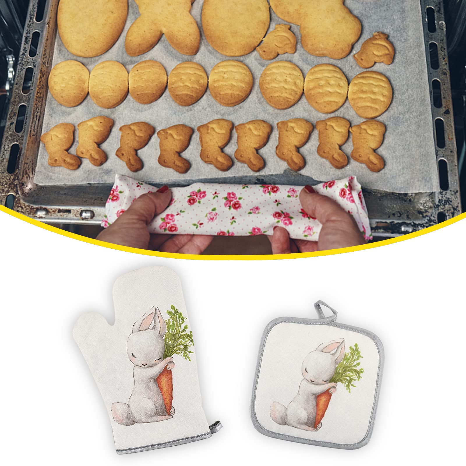 Kitchen Oven Mitts and Pot Holders Set,Pot Holders for Kitchen,Oven Mitt,Spring Cute Bunny Rabbit Print Oven Gloves and Pot Holders, Oven Gloves Mit Hot Pads for Kitchen Cooking Baking. Easter Gifts