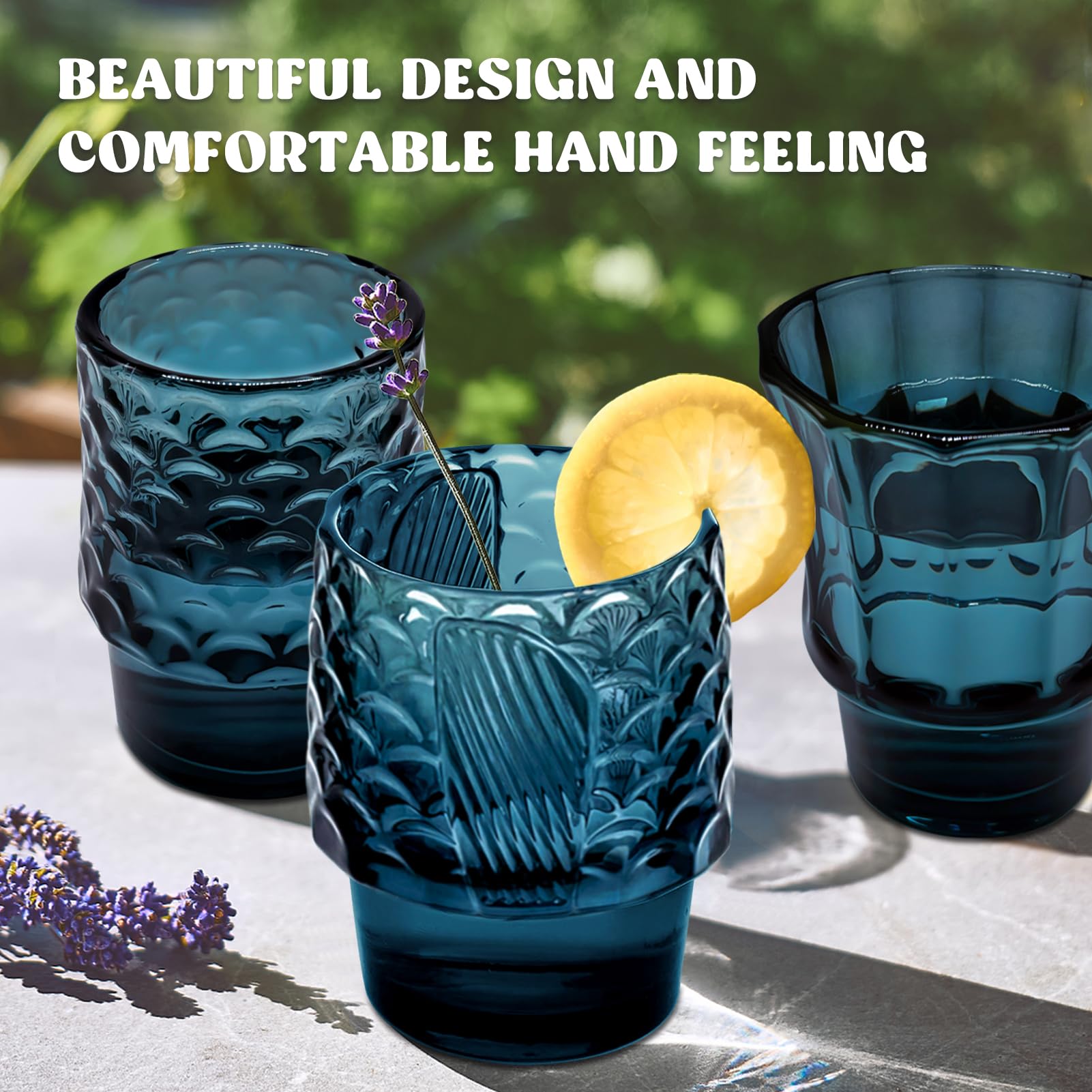 UPZAI 12oz Fish Design Drinking Glasses Set of 4, Stackable Old Fashioned Glass Cups Kitchen Glassware, Home Decor Aesthetic Water Cups for Beside Beverage Juice Coffee Beer Cocktail Whiskey (Blue)