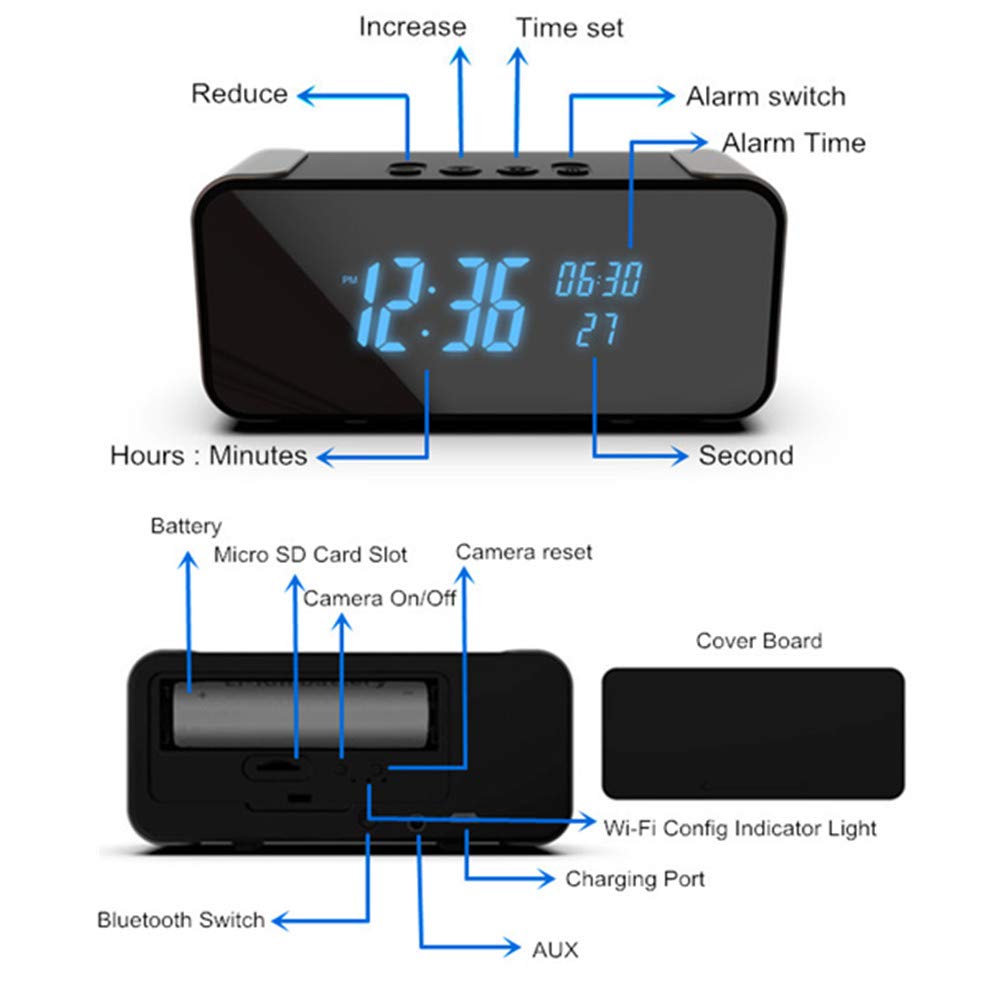 QAOLZCC WiFi-Hidden-Spy-Camera, Alarm Clock with Bluetooth Speaker 1080p/2K/4K Full HD Wireless Nanny Cam with Night Vision and Motion Detection Alarm, Security Recording with App