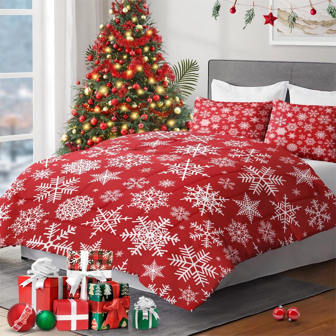 WeCozy Queen Size Comforter Set with 2 Pillowcases, Christmas Gray Cute Santa Snowman Soft 3 Pcs Bedding Set for Kids and Adults Bedroom Bed Decor