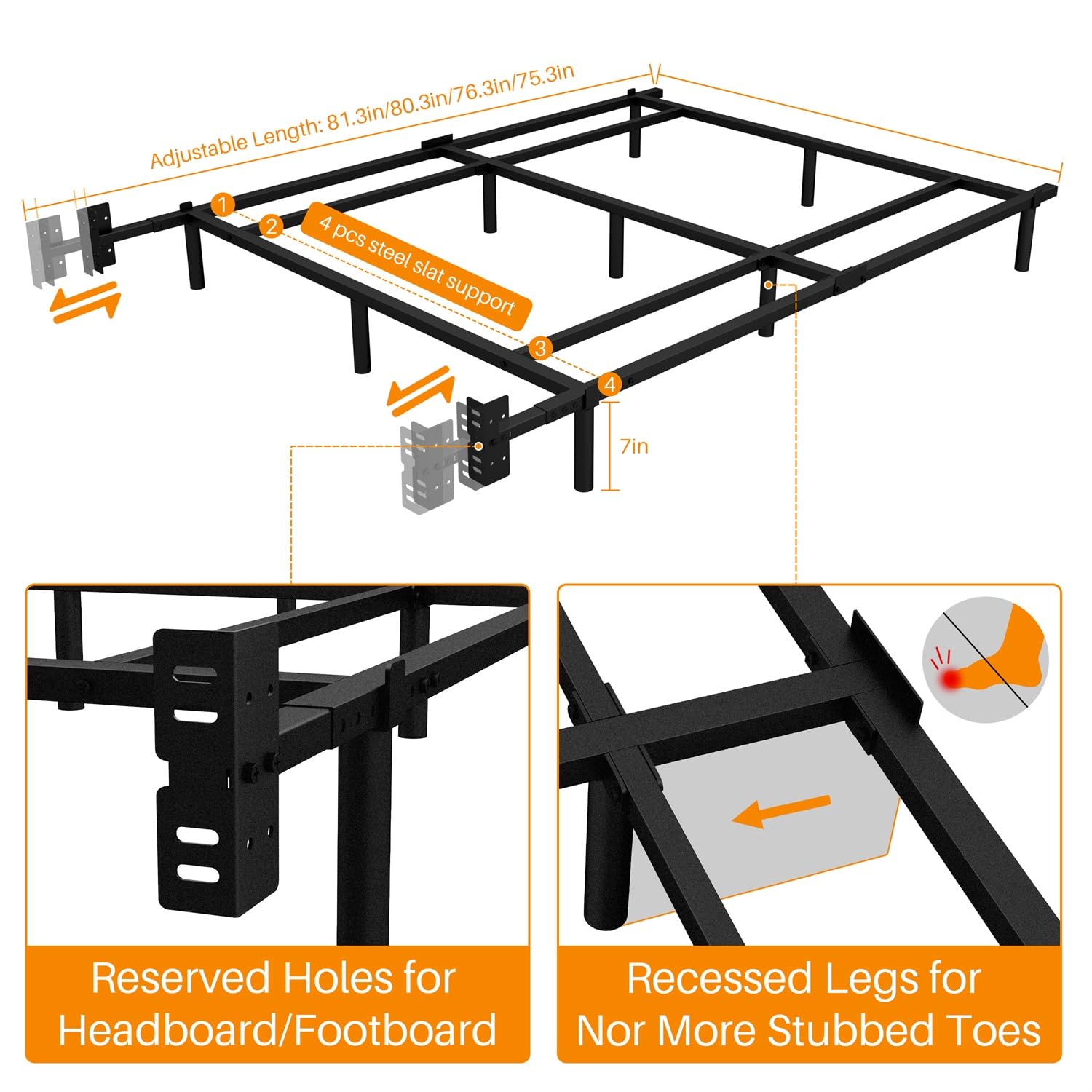 UJUJIA Queen Bed Frame, 7 Inch Low Heavy Duty Metal Platform Bed Frames Queen Size for Box Spring and Mattress, Easy Assembly, Noise-Free, Adjustable, Black