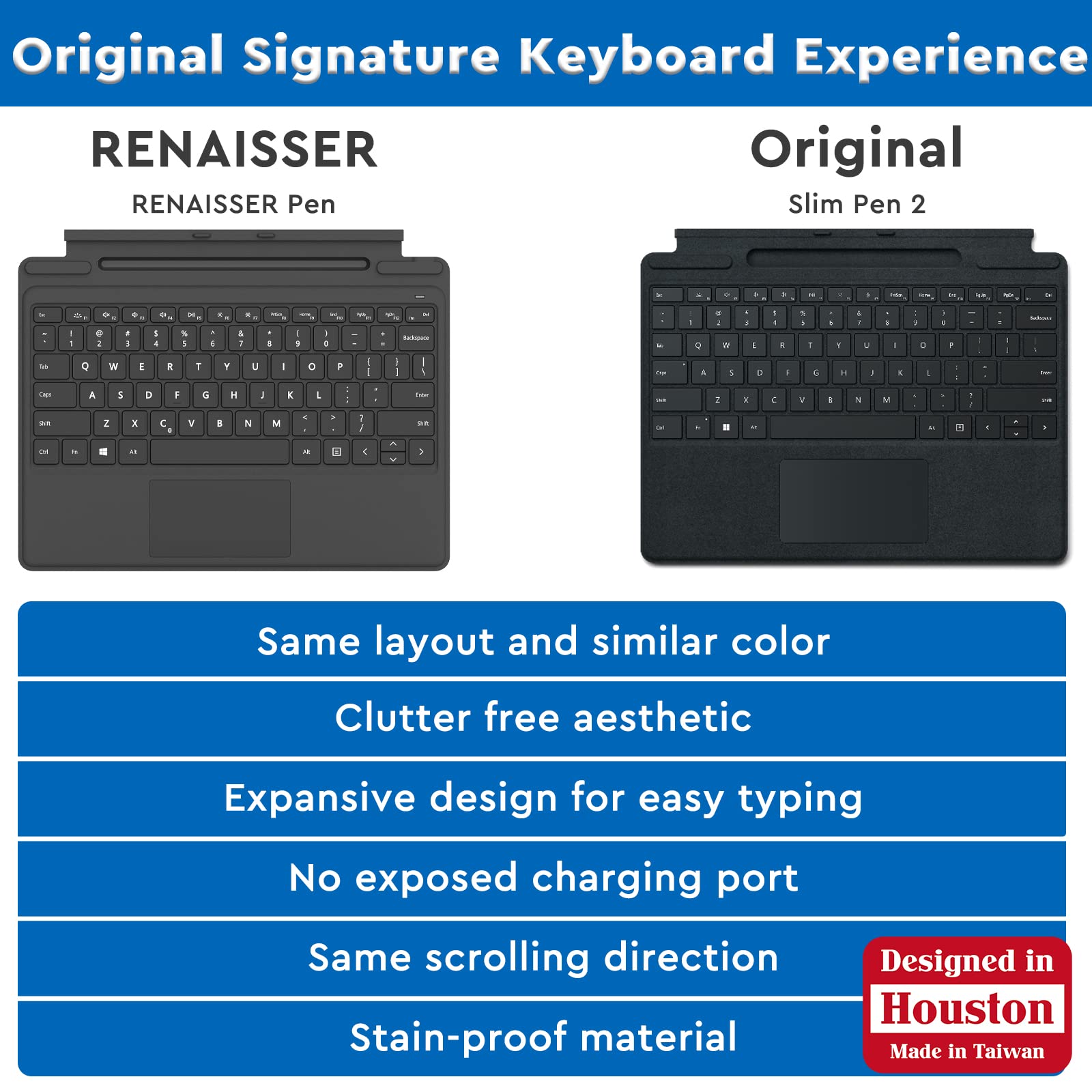 RENAISSER Pelican K8 Keyboard and Raphael 520C Surface Stylus Combo for Surface Pro 9/8/X, Designed in Houston, Hidden Charging Port, Pen Slot Pens, Smart Power Management, Backlight