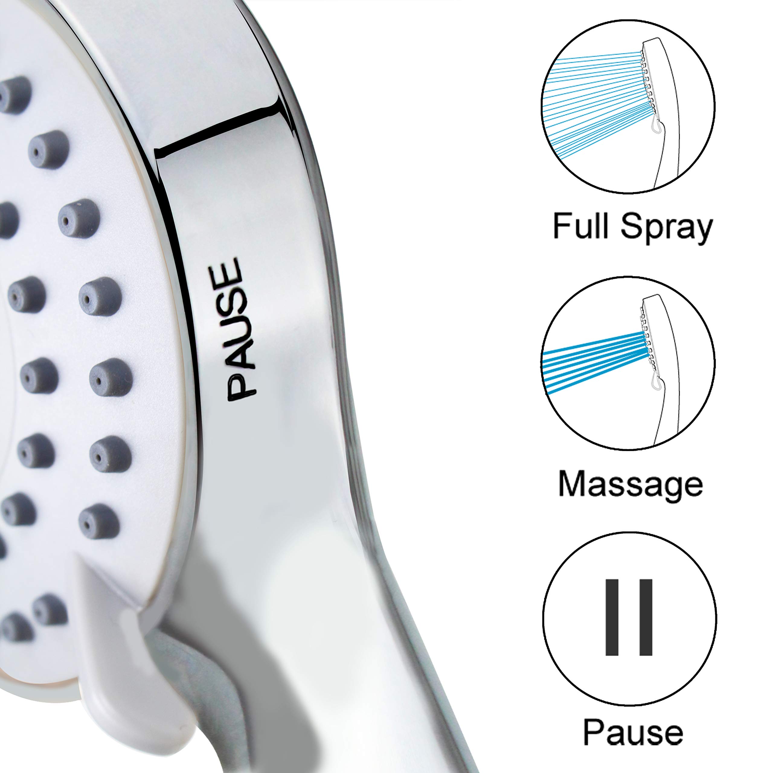 PIH High Pressure Luxury Handheld Shower Head Unit with Powerful Shower Spray w/Pause Setting, Suitable for RV Shower and Wall Holder Shower Arm, w/Flexible Hose, Chrome