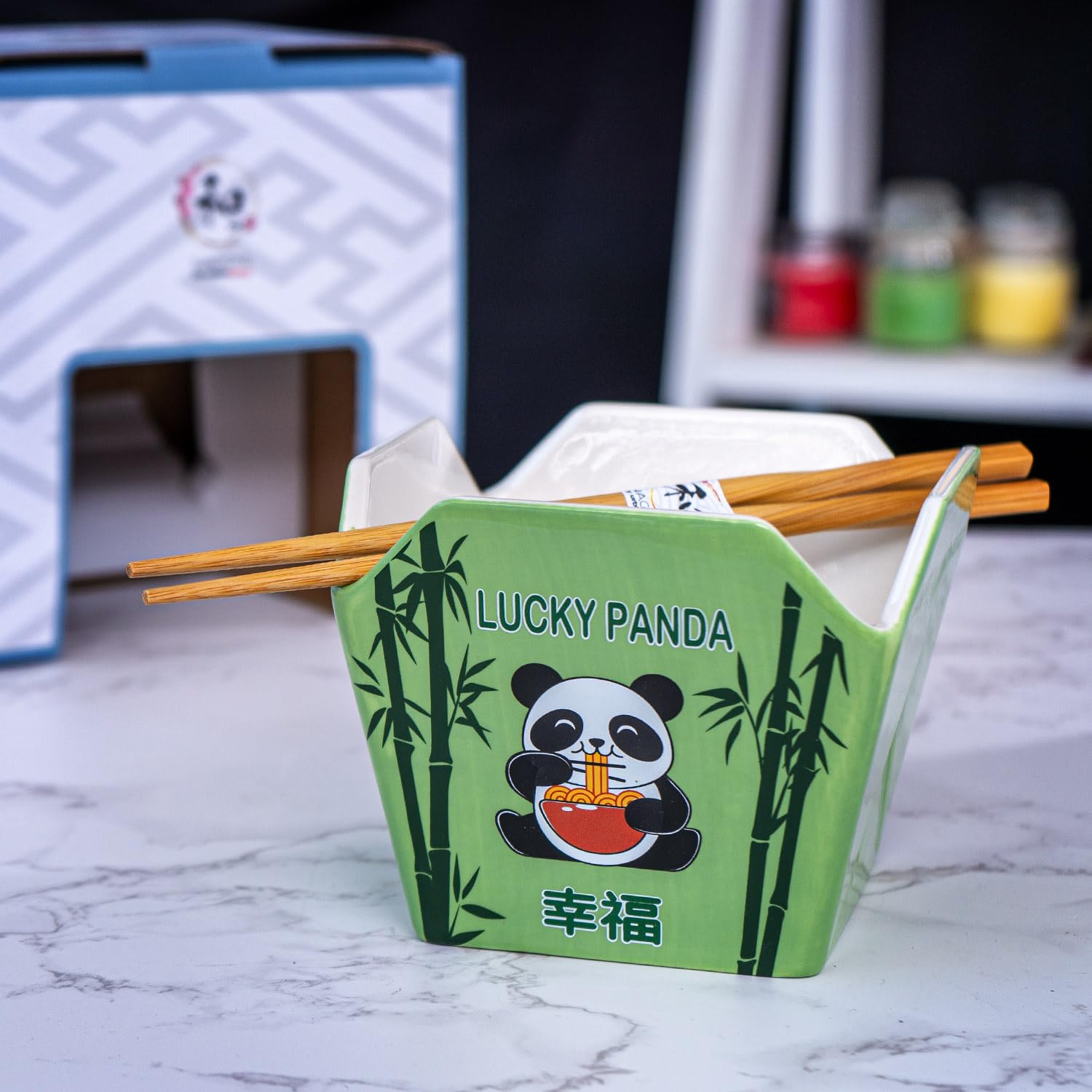 Urban Tokyo Chinese Takeout Box Style Porcelain Bowl With Chopsticks 18 fl oz Square Box Shape Rice Noodles Pasta To Go Box Shaped Bowl Microwave Dishwasher Safe (Hungry Panda)