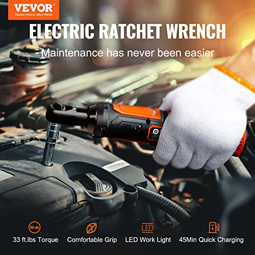 VEVOR Cordless Electric Ratchet Wrench Set 3/8", 12V 33 Ft-lbs Power Ratchet Tool Kit, 45-Min Fast Charge, 2-Pack 2.0Ah Battery, Built-in LED Light, 10 Sockets, Variable Speed Trigger
