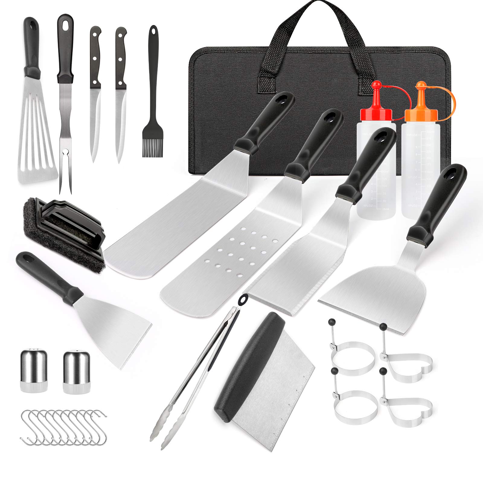 Griddle Accessories Kit, 32 Pcs Flat Top Griddle Grill Tools for Blackstone & Camp Chef Accesseries, Grill Accessories BBQ Set with Cleaning Kit & Carry Bag, Metal Spatula, Griddle Scraper, Egg Rings