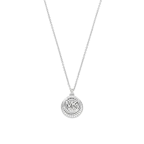 Michael Kors Brass and Pavé Crystal MK Logo Pendant Necklace for Women, Color: Silver (Model: MKJ8009040)