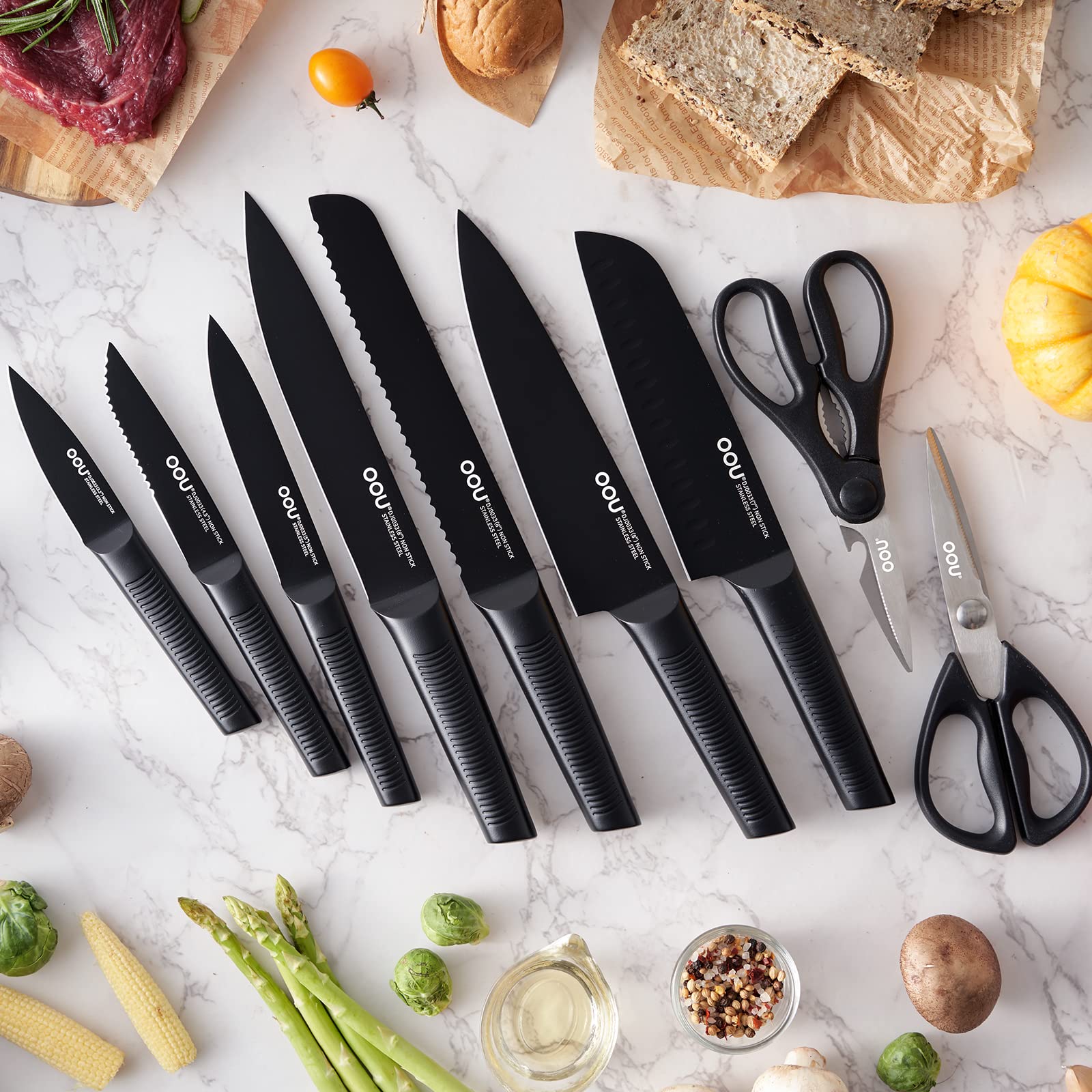 OOU! Kitchen Knife Set with Block, 15 Pieces High Carbon Stainless Steel Knife Block Set, Professional Chef Knife Set with Built-in Sharpener, Ergonomic Handle