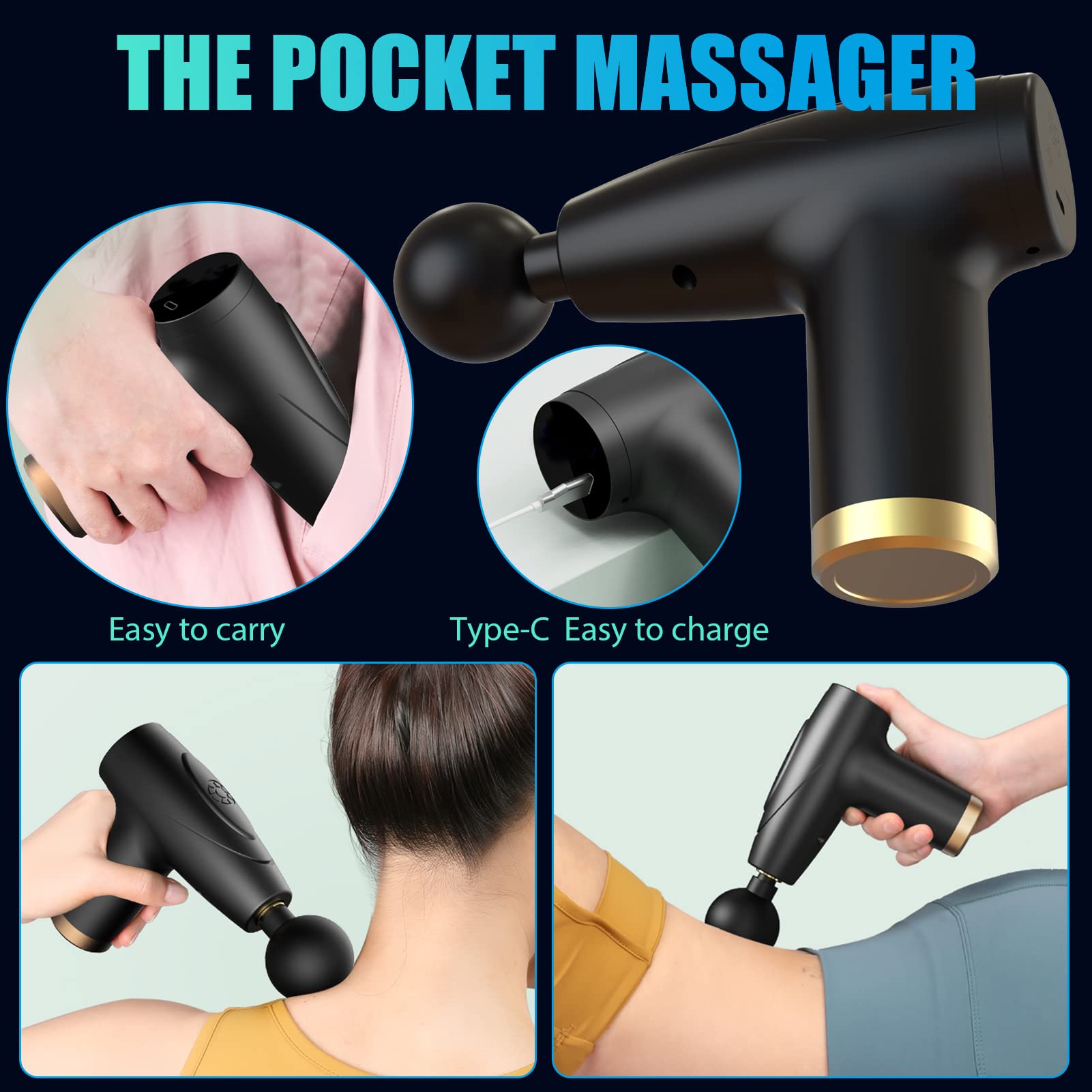 Massage Gun - Handheld Deep Muscle Massager - Professional Personal Massage Machine Rechargeable Massage Device with 4 Heads