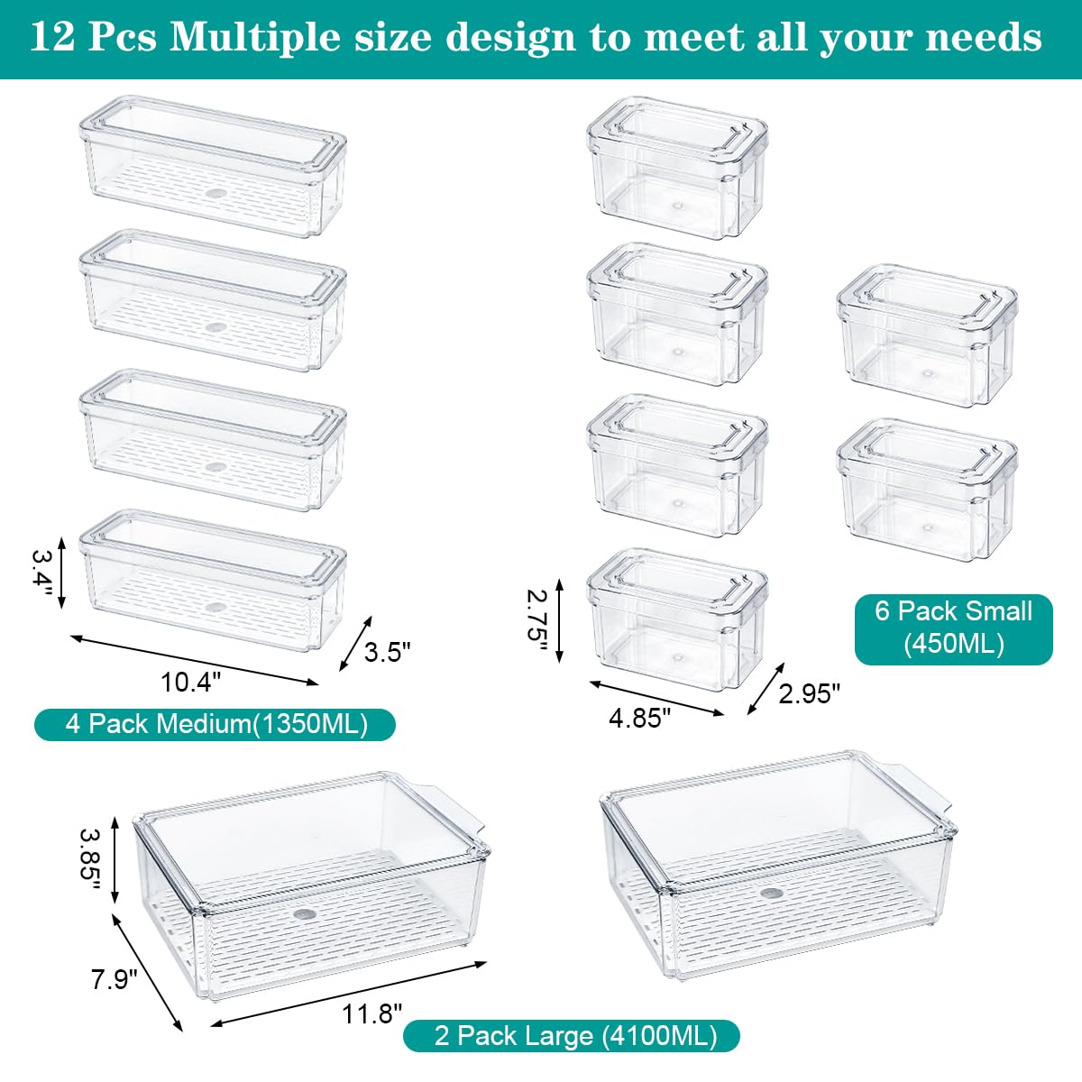 jijoe Fridge Organizer with Egg Holder, 12 Packs Stackable Refrigerator Organizer Bins with Lids, BPA-Free Produce Fruit Storage Containers for Storage Clear for Food, Drinks, Vegetable Storage