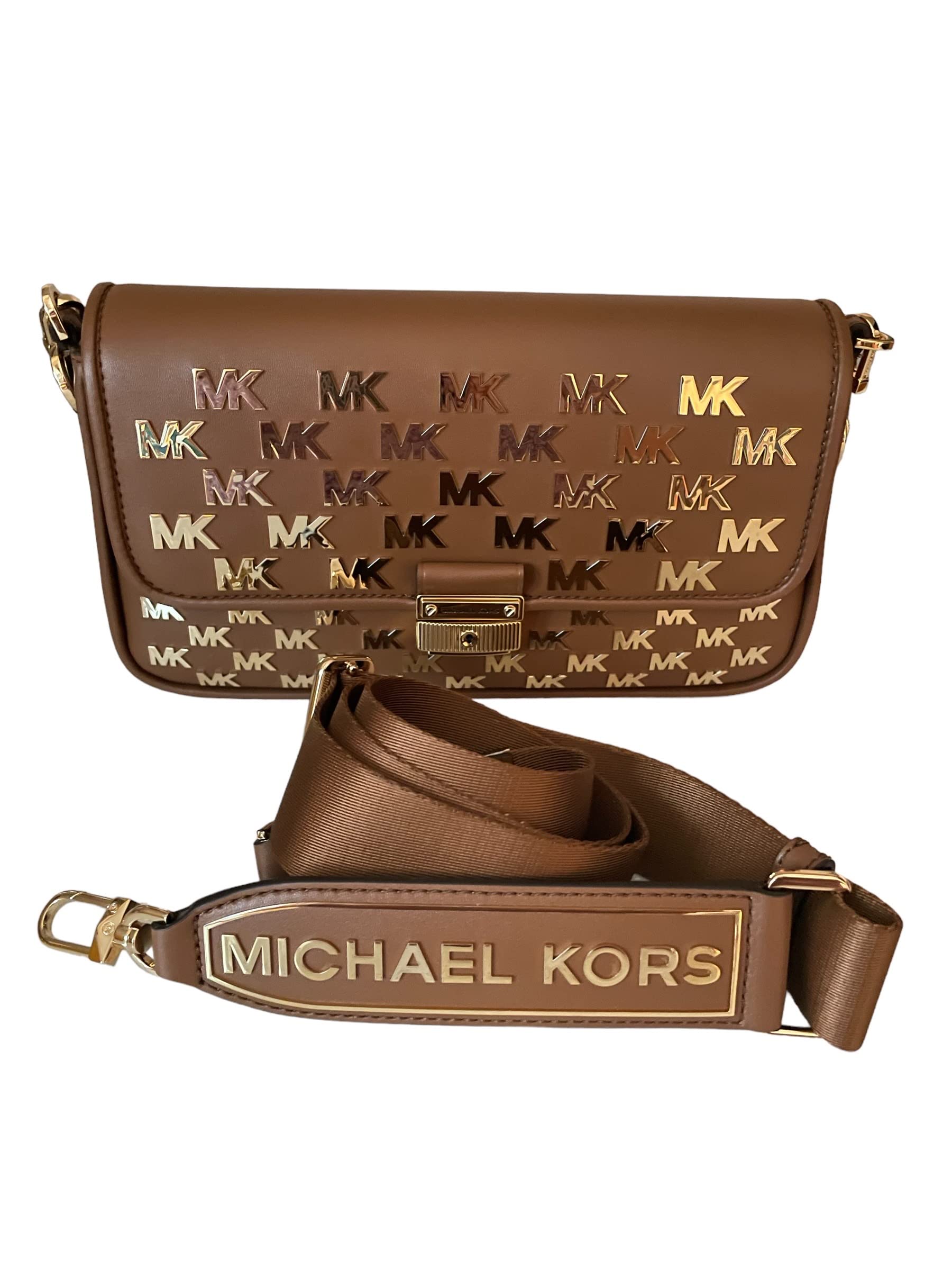 Michael Kors Bradshaw Small Logo Embossed Patent Leather Convertible Shoulder Bag (Brown Luggage)