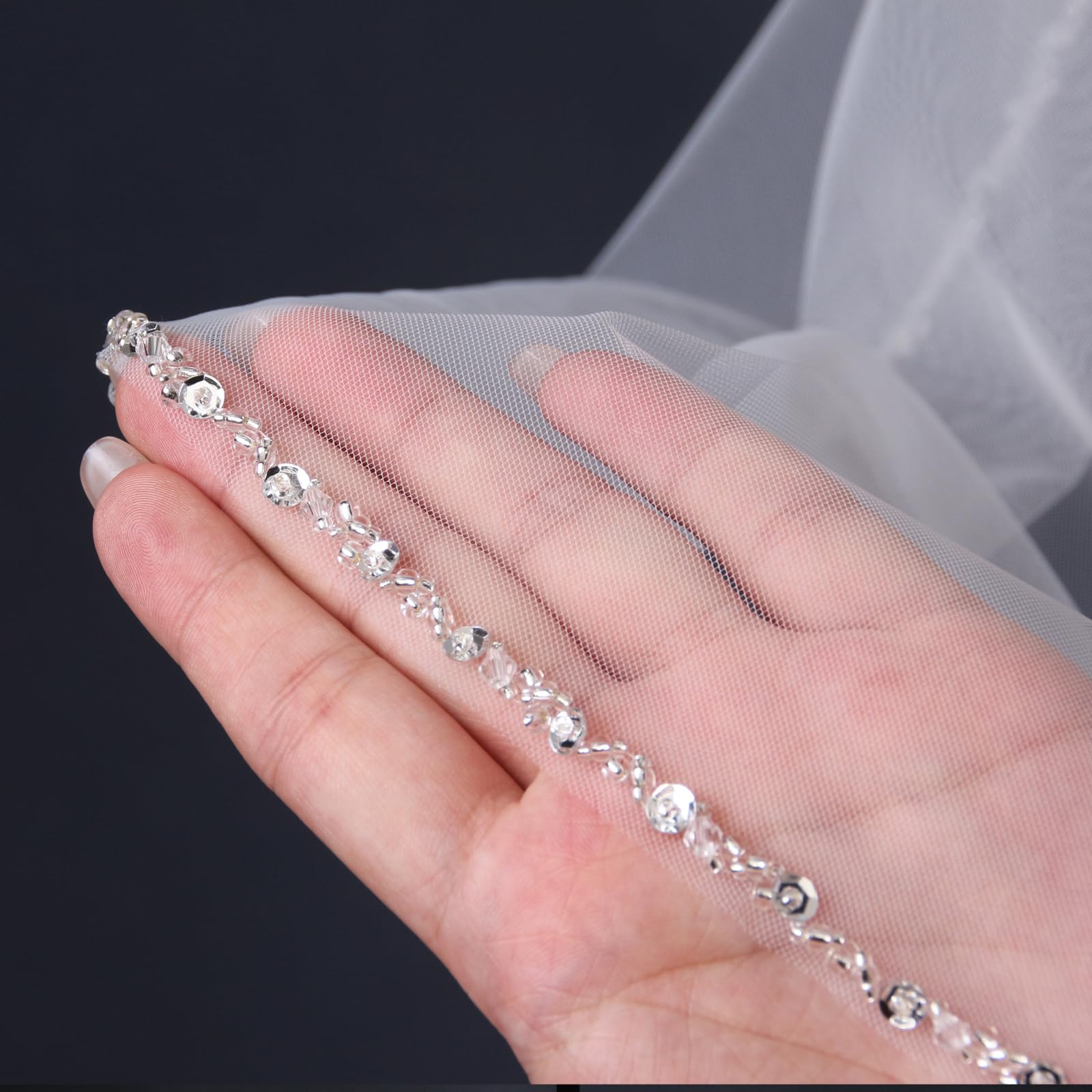 HONGMEI Wedding Veil for Brides Handmade Crystal Beaded Edge 1 Tier Bridal Veil with Comb