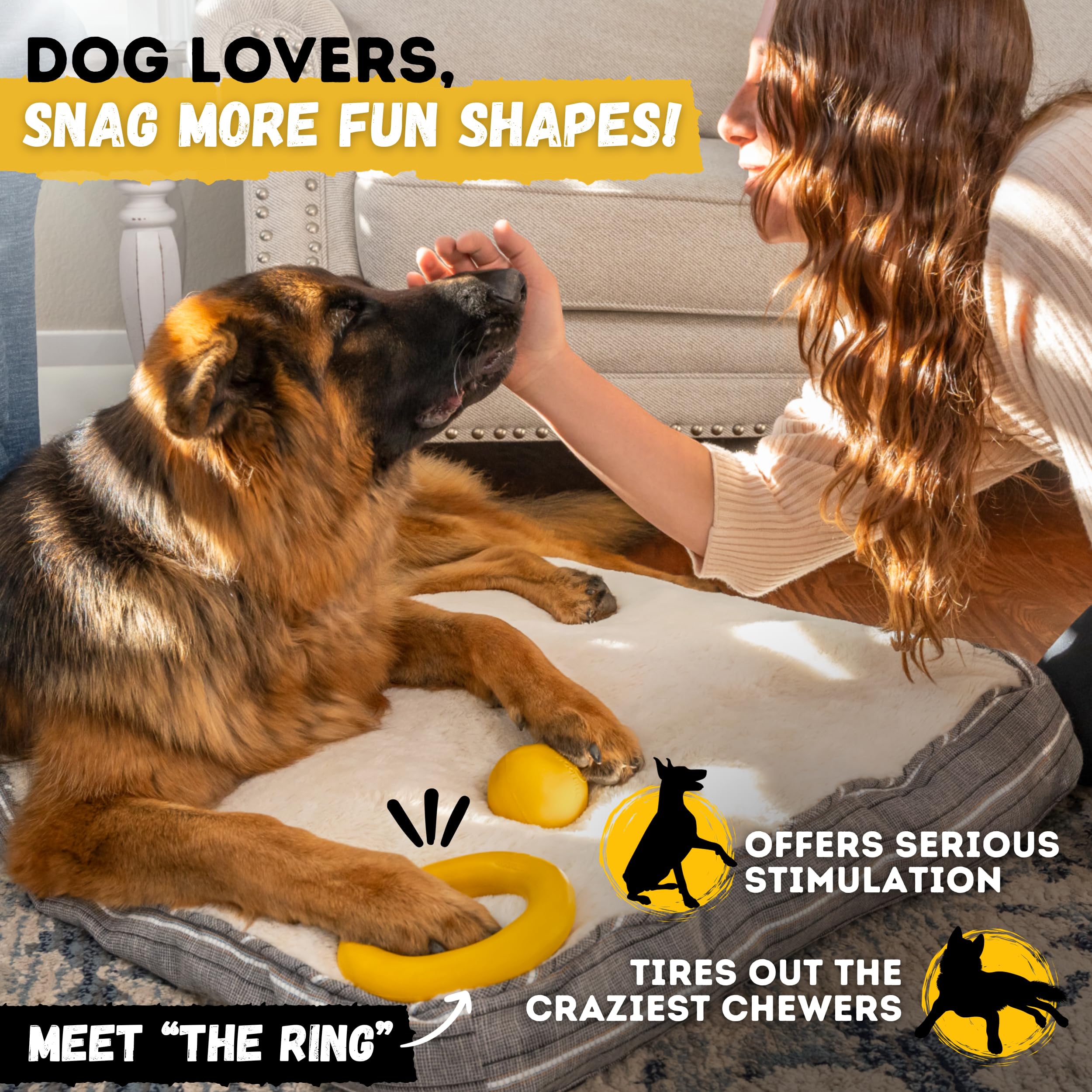 WoofBite Indestructible Dog Ball - Lifetime Replacement - Medium & Large Breed - Ultra Durable for Aggressive Chewers - Natural Rubber - Fetch Tug & Chew - 3in - Yellow (Highly Visible Color for Dogs)