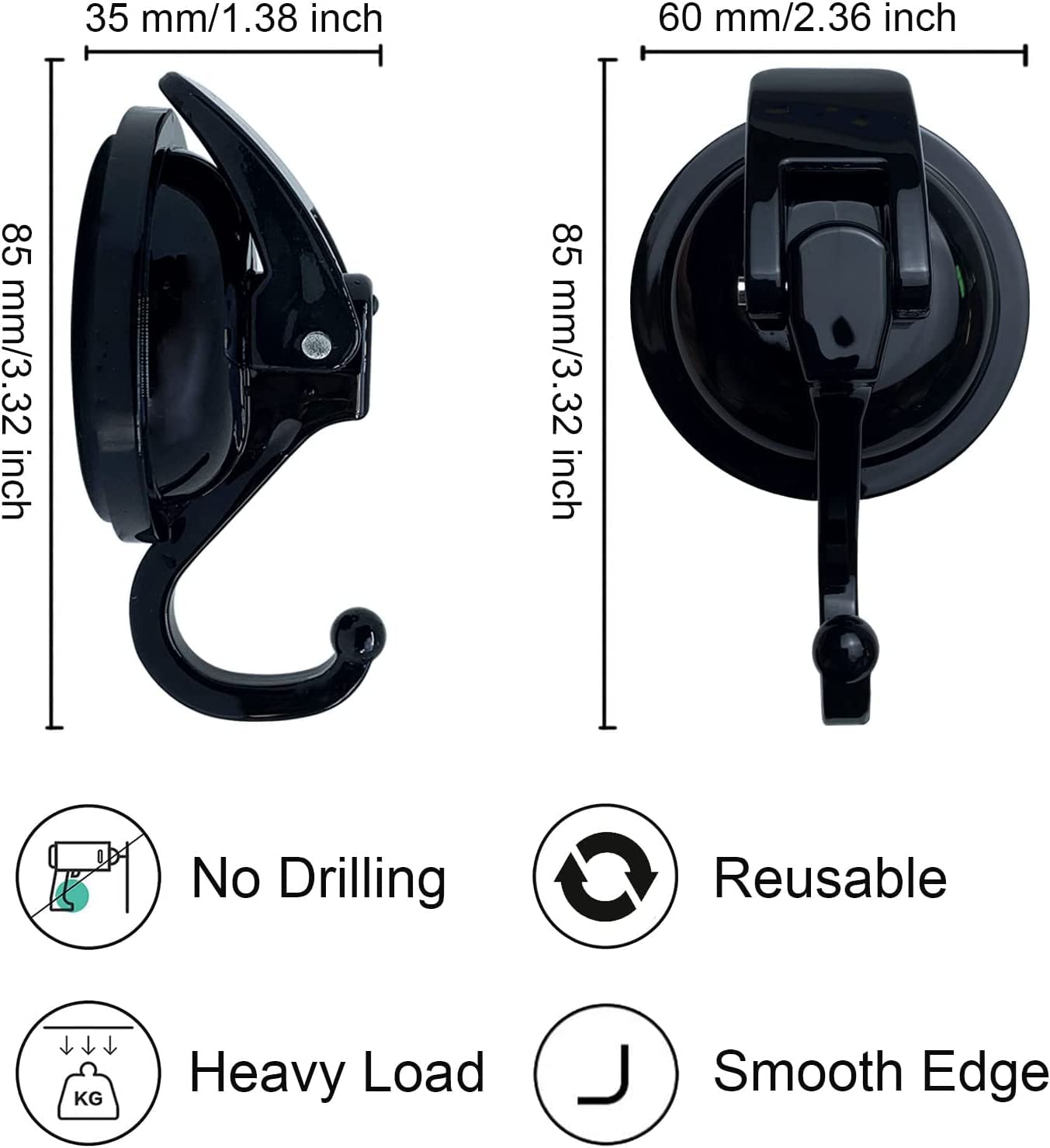 YSSILADI Shower Suction Cups Heavy Duty Vacuum Suction Cups, Glass Suction Cup Hooks, Robe & Towel Hooks Reusable, No Hole Punched, for Garland Decoration (2 Pack, Black)