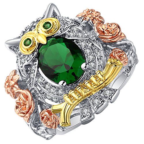 Ginger Lyne Collection - Hoot Owl Ring for Women Green Cubic Zirconia - Three-Tone Plating in Rose Gold, Gold, Platinum Over Copper - Clear Accent Stones