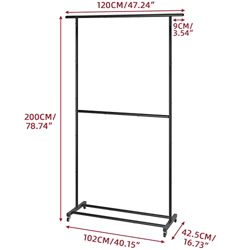 Sywhitta Double Rod Clothing Garment Rack, Rolling Clothes Organizer on Wheels for Hanging Clothes, Easy to Assemble, Adjustable, Black