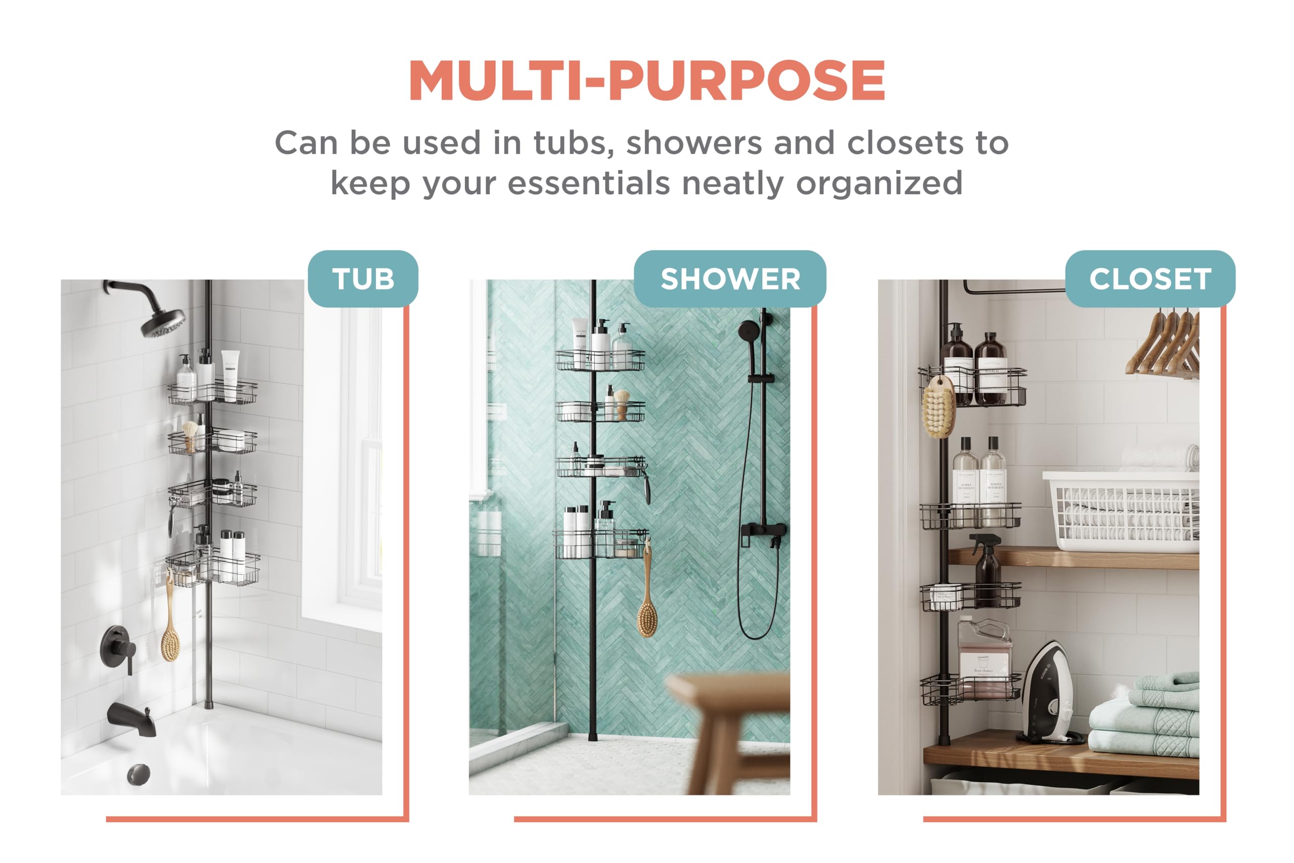 Zenna Home Tension Pole Shower Caddy with 4 L-Shaped Shelves with Hooks, Bronze, 60-97 Inch – Rust-Resistant Corner Shower Organizer Shelf – Adjustable Shower Rack for Bath Essentials