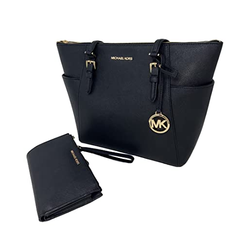 Michael Kors Jet Set Travel bundle with Trifold Wallet Handbag, satchel, Purse for Women, Convenient design and style, multiple pockets, saffiano Leather, Adjustable. Black
