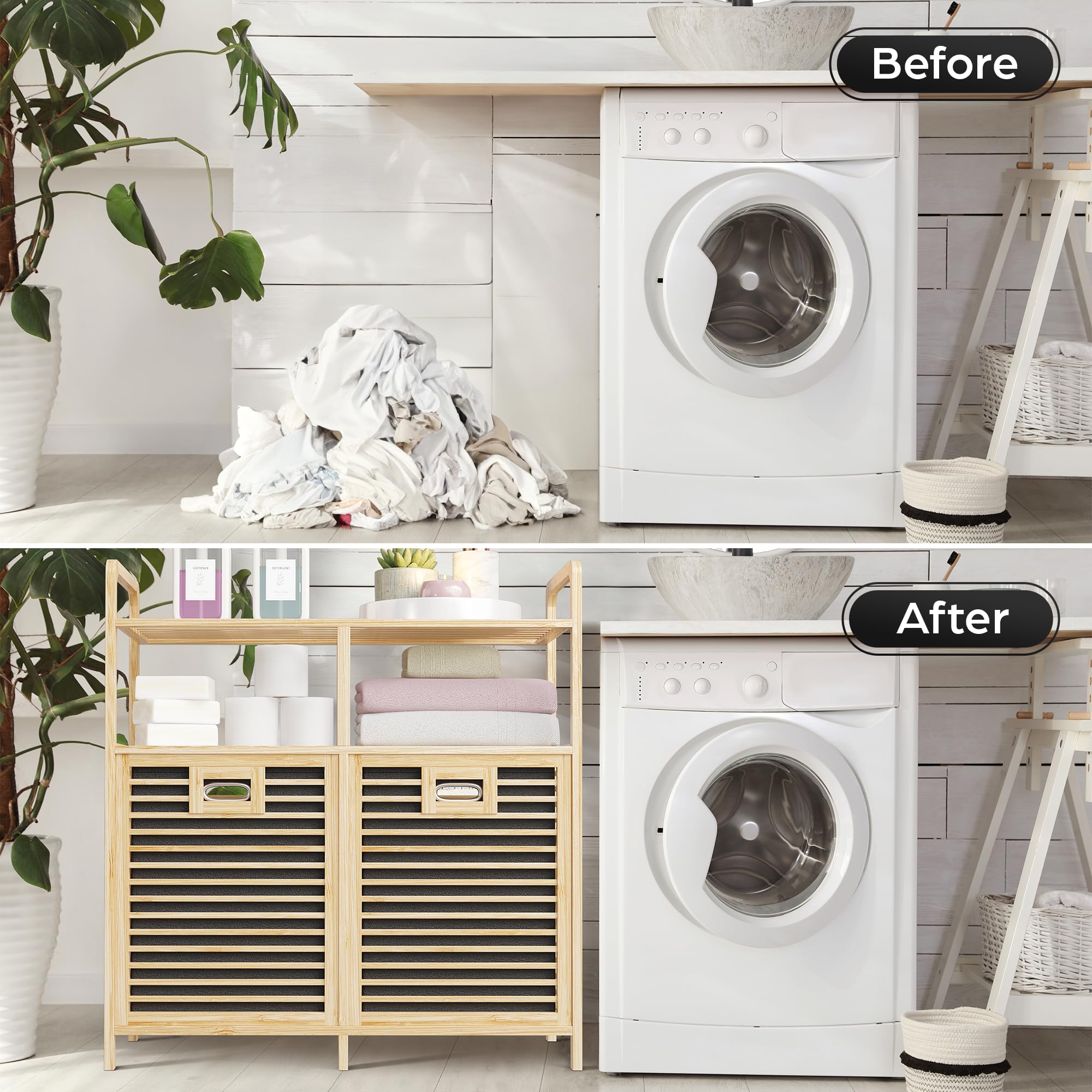 TidyHub Double Tilt Out Laundry Hamper with Shelf - Durable Bamboo Hamper with 2 Removable Laundry Liner Fabrics, Easy Grab Handle & Manual - Pull Out Laundry Hamper Cabinet for Clothes Towels Toys