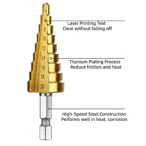 NACHEE 3Pcs Metric Titanium Coated Step Drill Bit Set, HSS Cone Drill Bit with 1/4" Hex Shank Drive Quick Change(3-12 mm 4-12 mm 4-20 mm)for DIY Woodworking, Plastic Wood