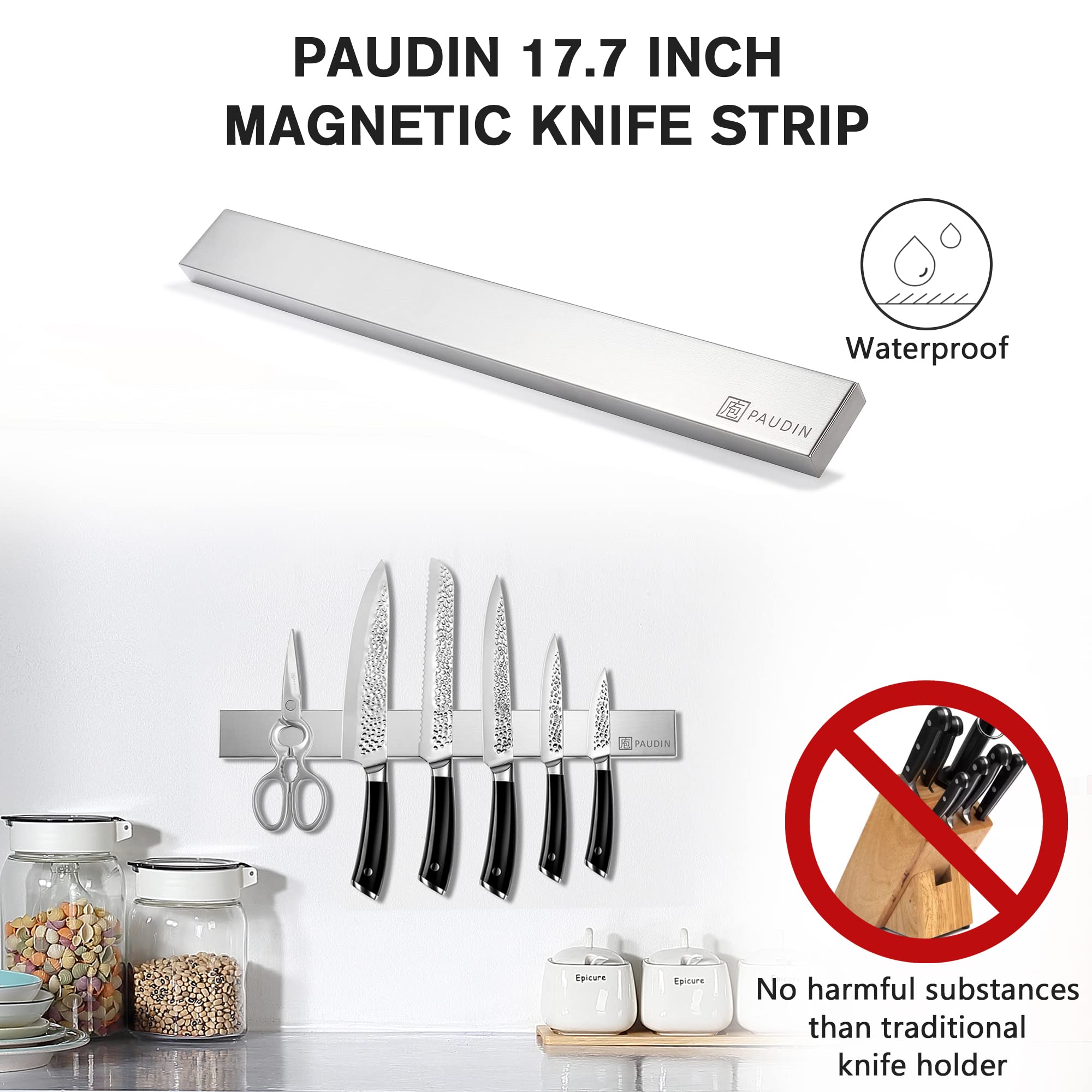 Paudin 17.7 Inch Stainless Steel Magnetic Knife Bar-Use as Knife Holder for Wall, Knife Rack, Knife Strip, Kitchen Utensil Holder and Tool Holder/Storage